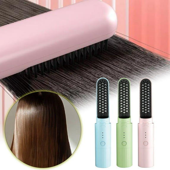 Cordless Hair Straightener Brush Negative Ion Hot Comb Fast Heating USB ...