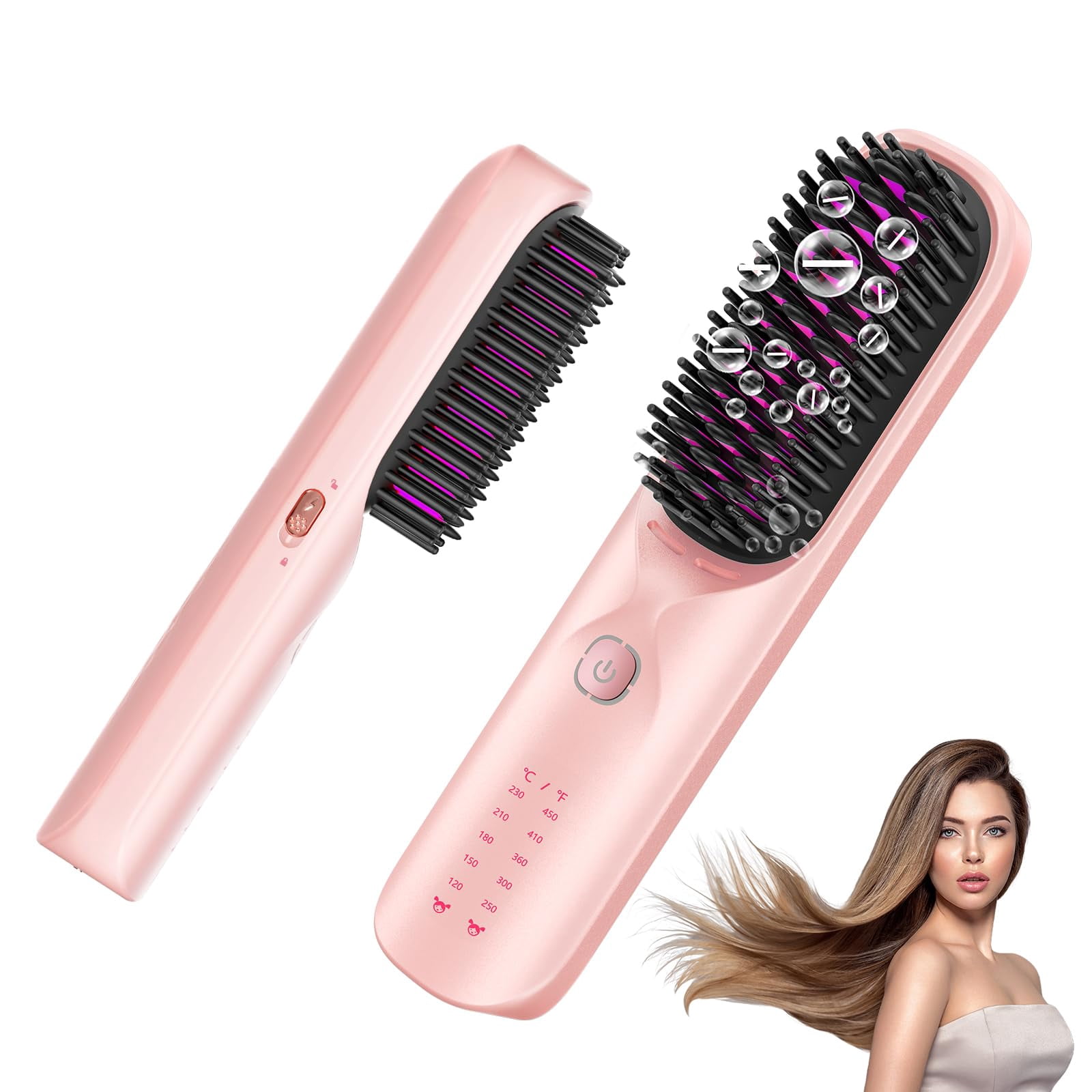 Cordless Hair Straightener Brush - Portable Hair Brush for Travel - 30s ...