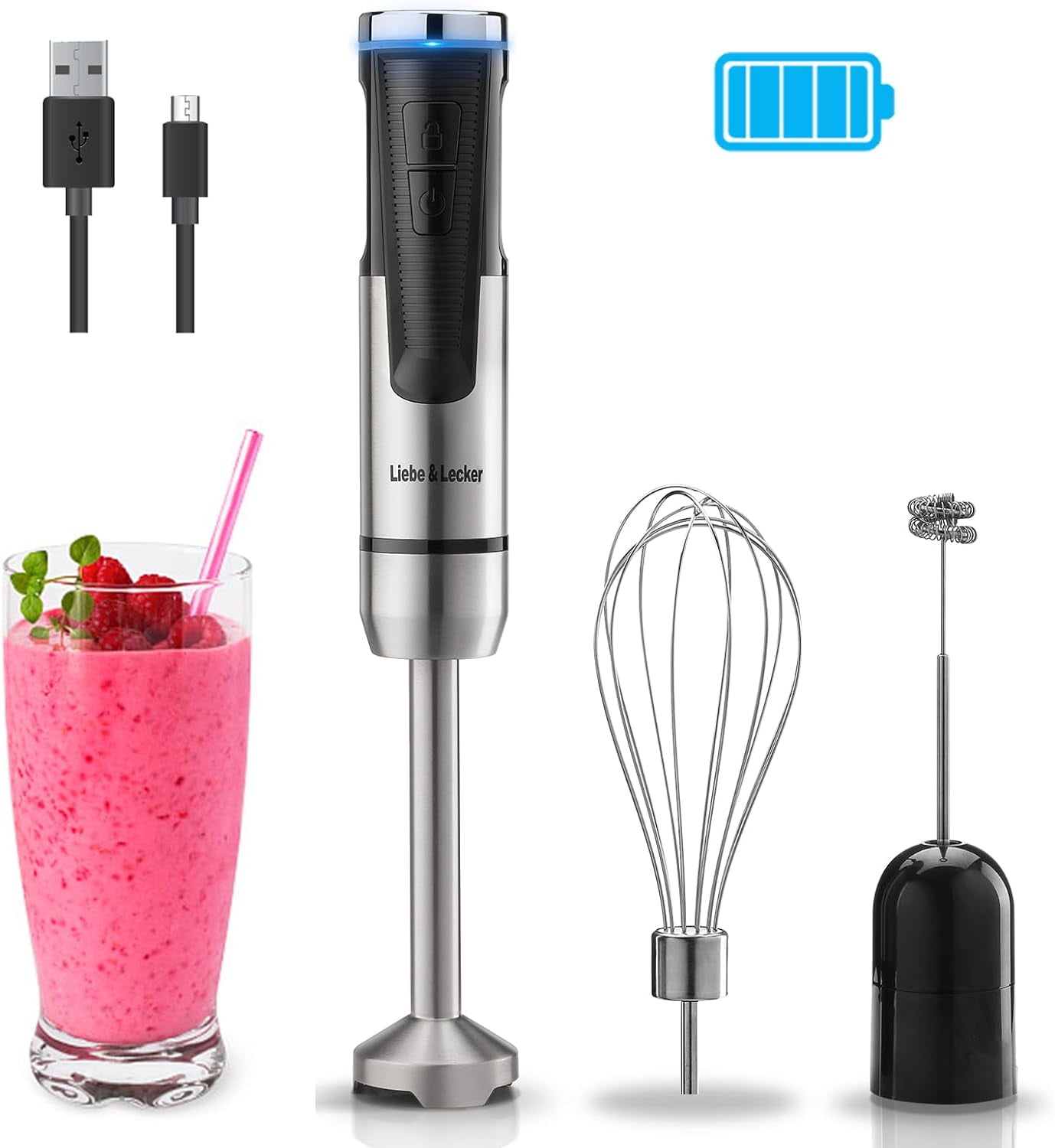 Cordless Hand Blender, Immersion Blende Handheld USB Rechargeable 8 ...