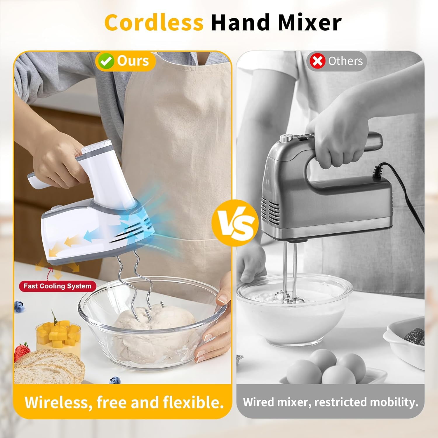 Cordless Hand Mixer, 12-Speed Rechargeable Electric Handheld Mixer with ...