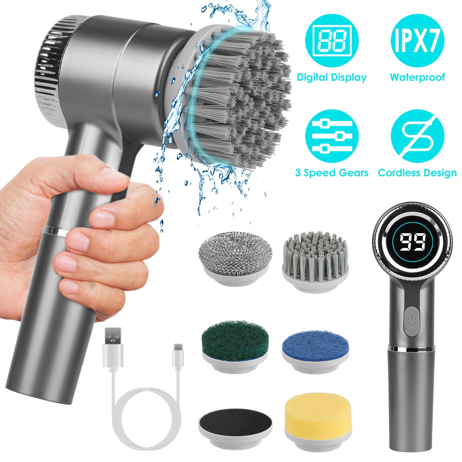 Cordless Handheld Rechargeable Cleaning Brush, IPX7 Waterproof Electric ...