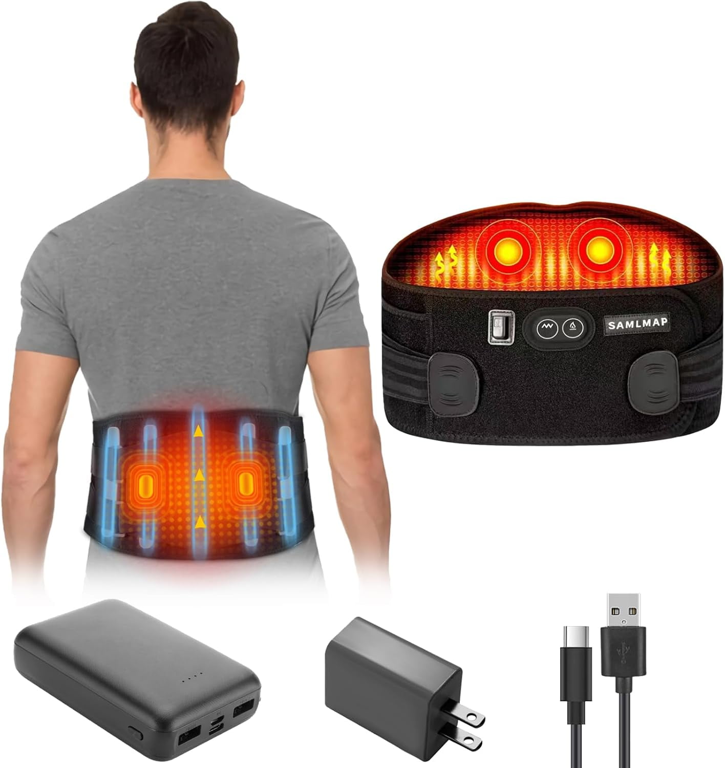 Cordless Heated Back Brace for Lower Back Pain Relief, Rechargeable 5V ...