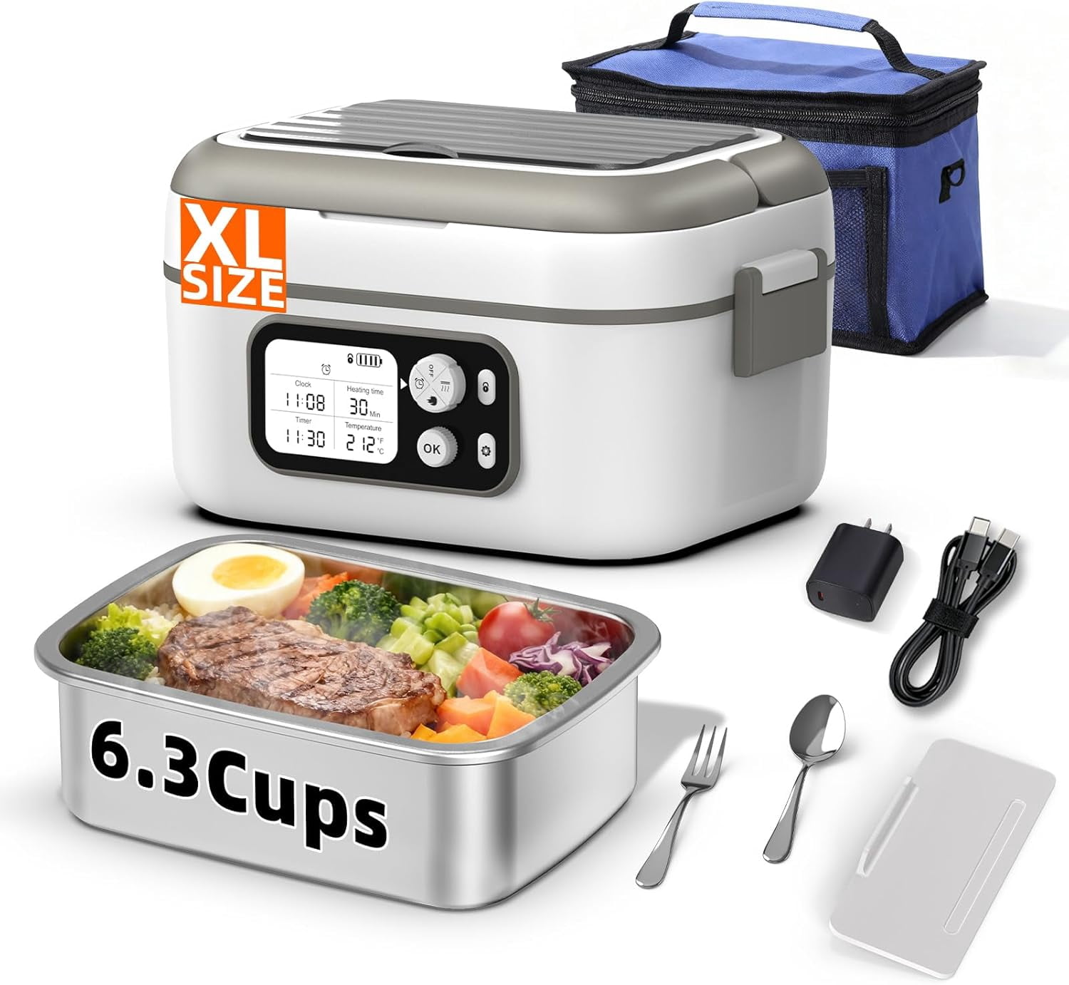 Cordless Heated Lunch Box for , XL 6.3-Cups 24000mAh Self Heating ...