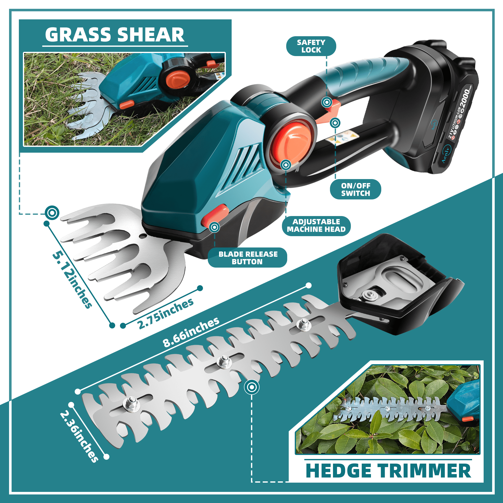 Cordless Hedge Trimmer ，2-in-1 Electric Handheld Grass Shear Cutter ...