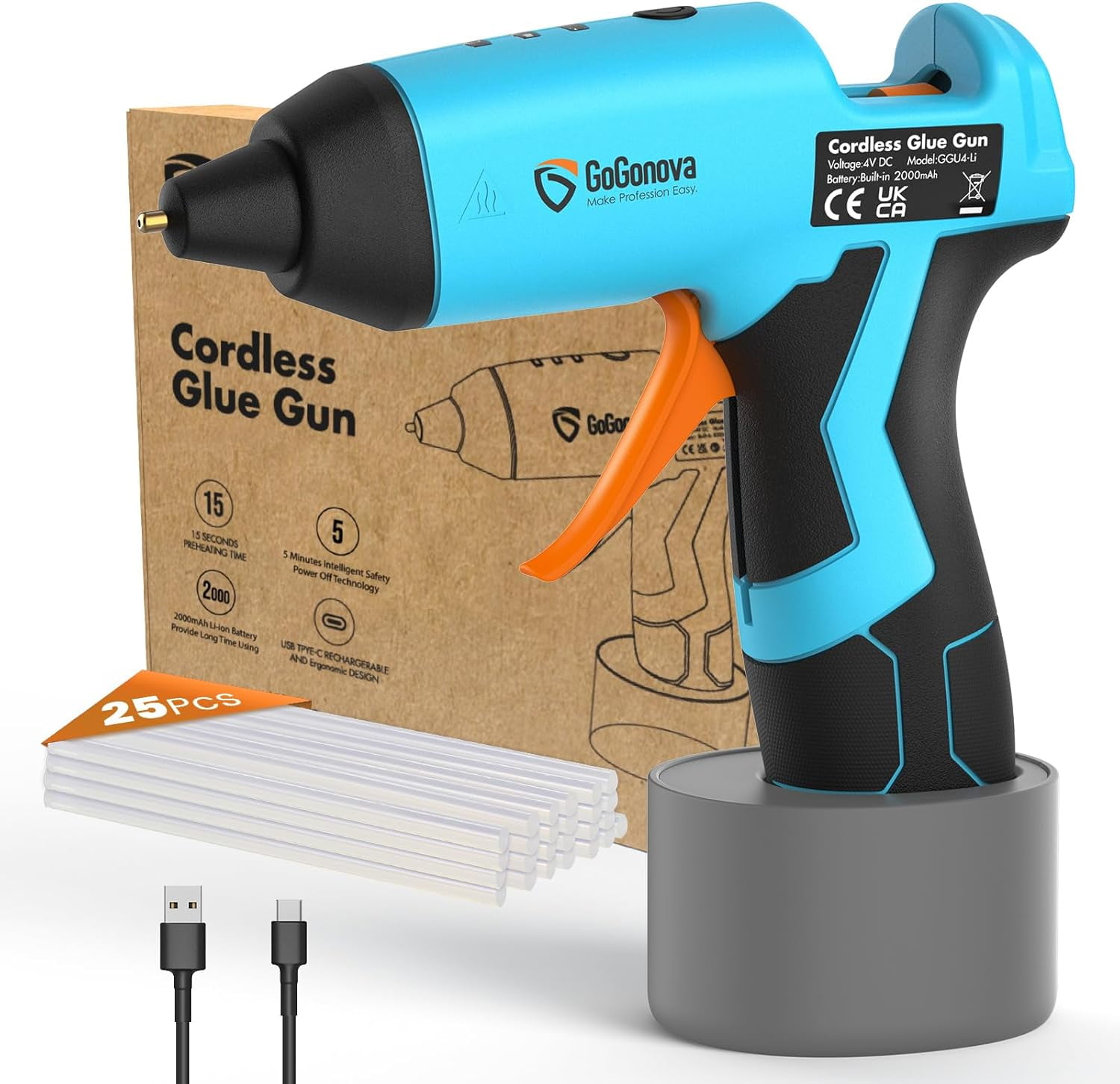 Cordless Hot Glue Gun, 15s Fast Preheating with 2Ah Built-in Battery ...