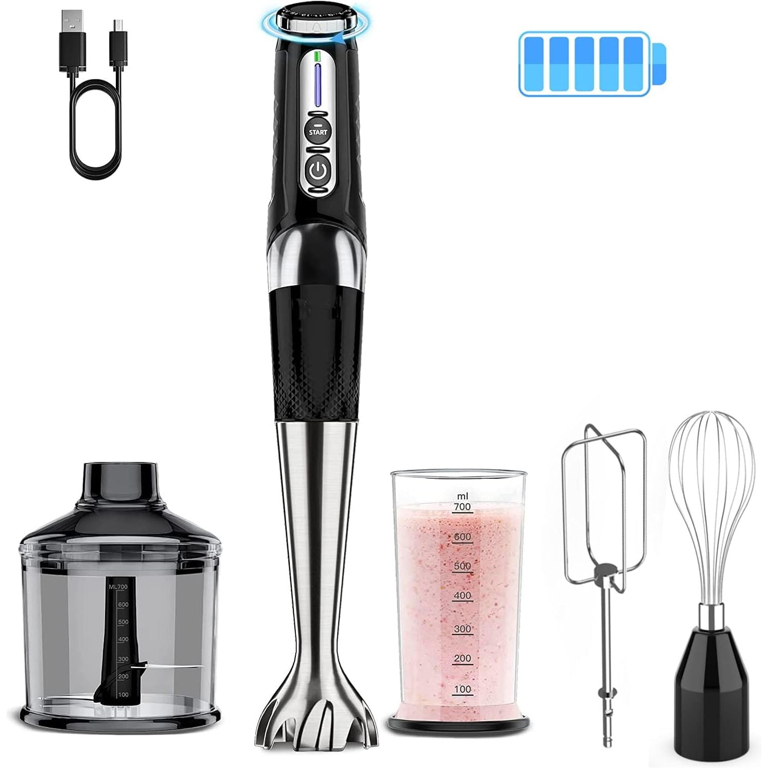 Cordless Immersion Blender: 4-in-1 USB Rechargeable Hand Blender, 21 ...