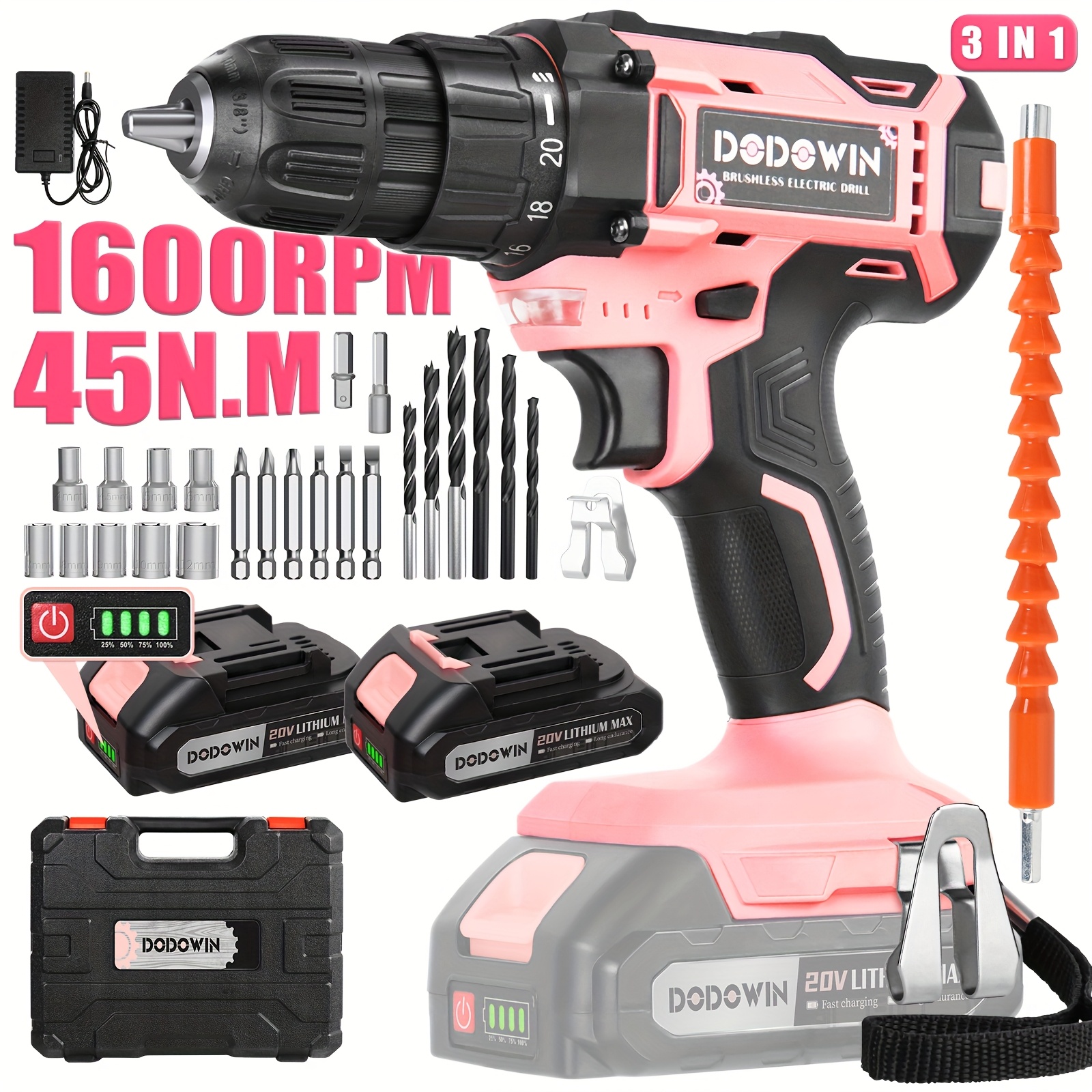 Cordless Impact Drill Set - 45Nm Torque, 2-Speed + LED, 2 Batteries ...