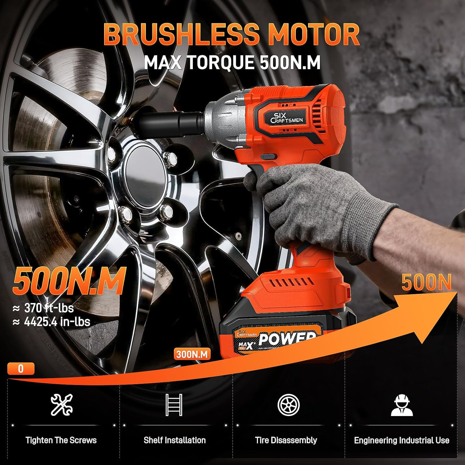 Cordless Impact Wrench, 1/2” Brushless Impact Gun, 369ft-lbs(500N.m ...