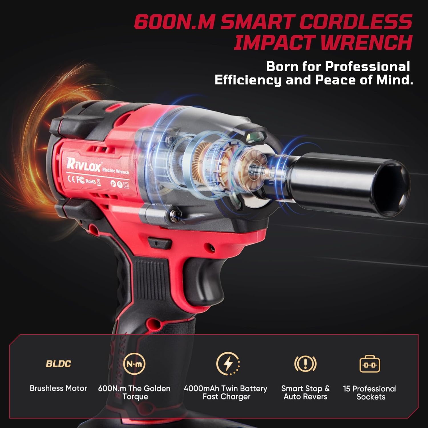 Cordless Impact Wrench 1/2 Inch, 600N·m/450Ft-lbs Power Impact Gun Kit ...