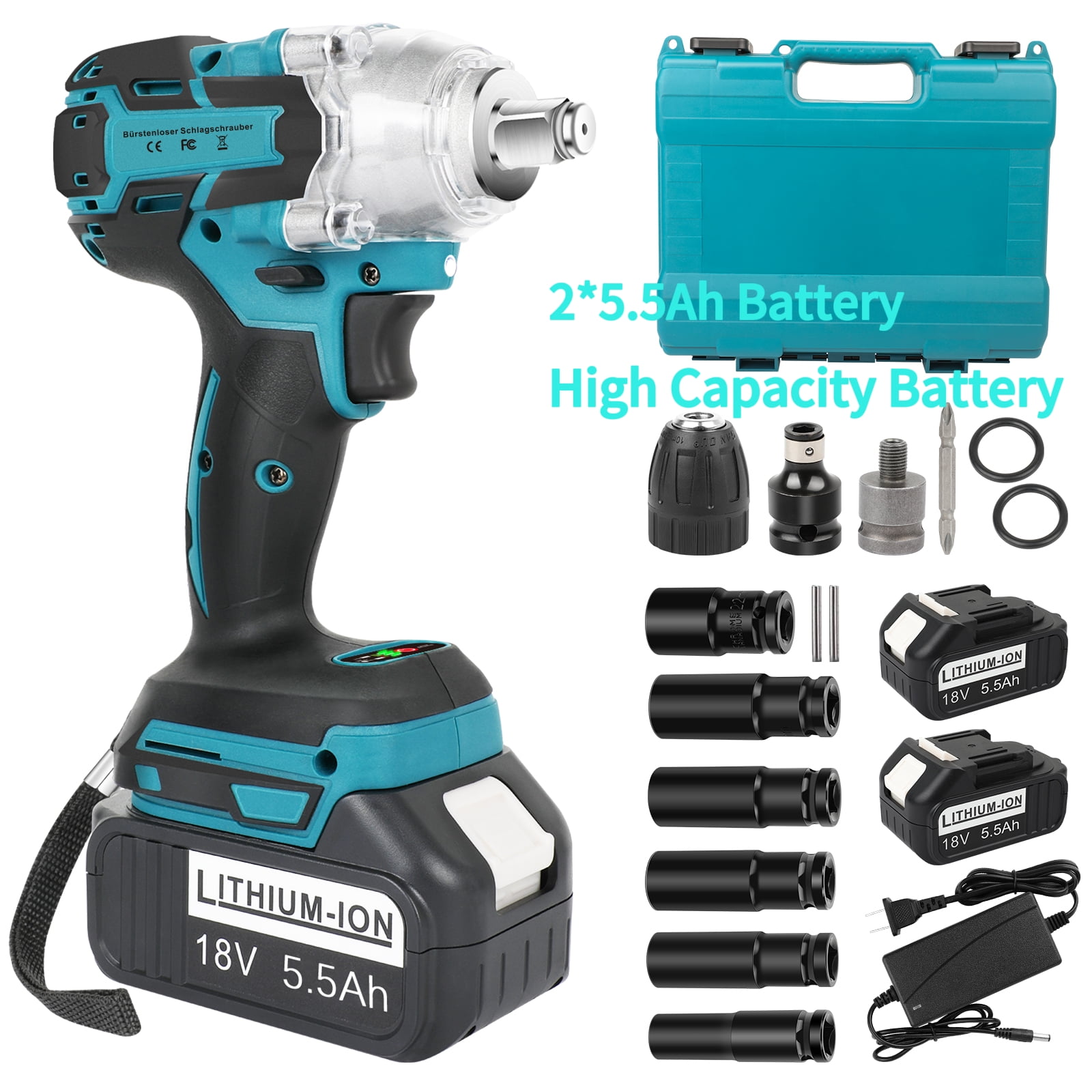 18V/24V Cordless Impact Wrench, 1/2 Inch, 550Nm Torque, 3200RPM, with 5 ...