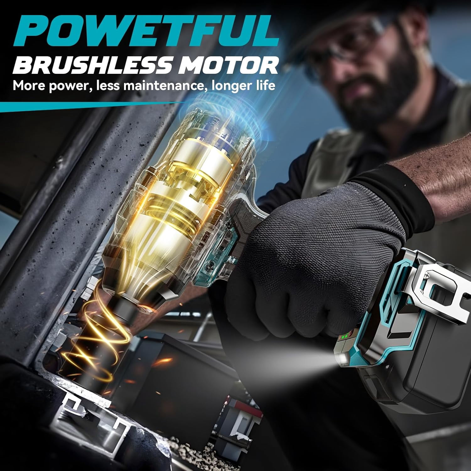 Cordless Impact Wrench 1/2 inch for 18V Battery, 1000Ft-lbs Brushless ...