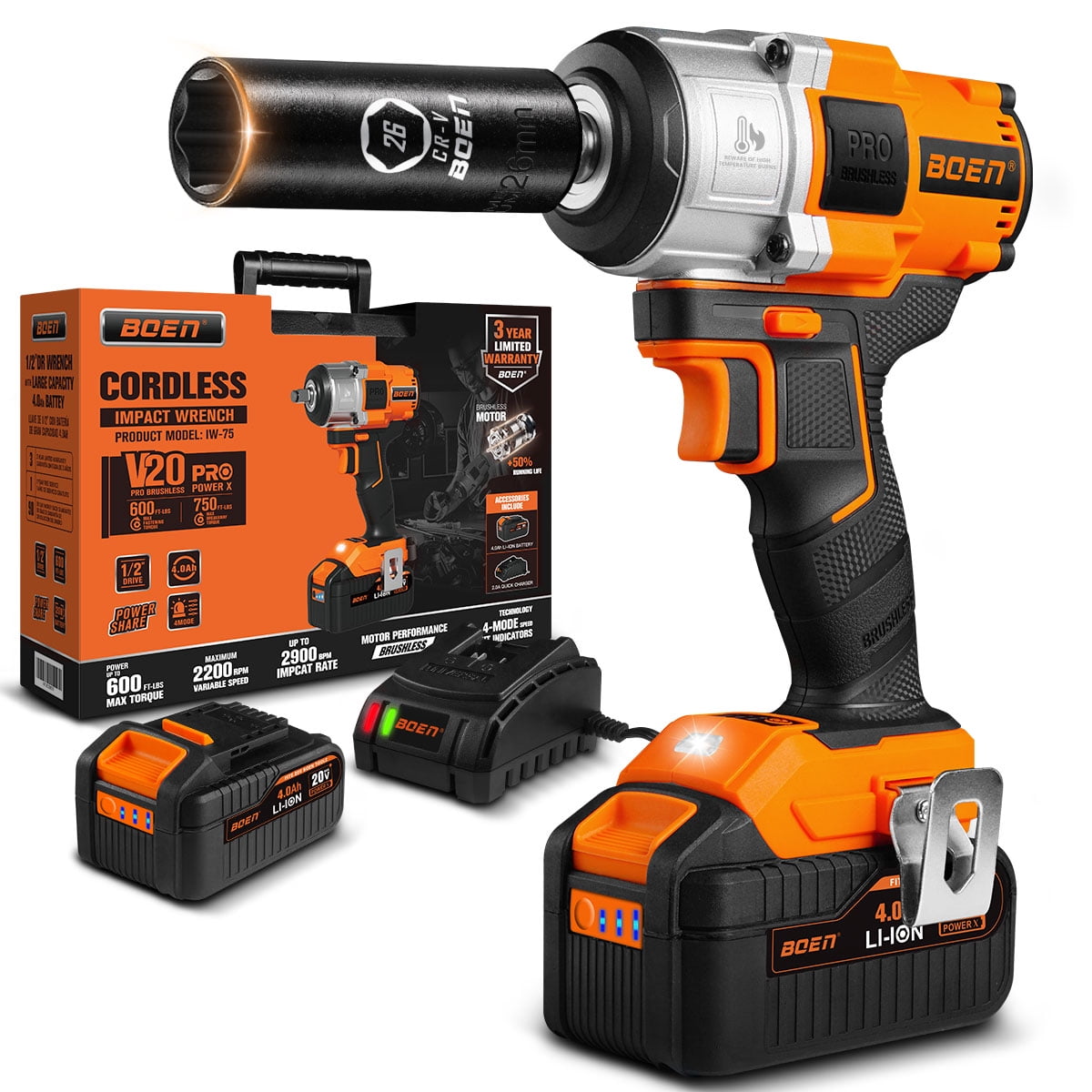 Cordless Impact Wrench 1/2 inch, 600FT-LBS(800N.m), Brushless Electric ...