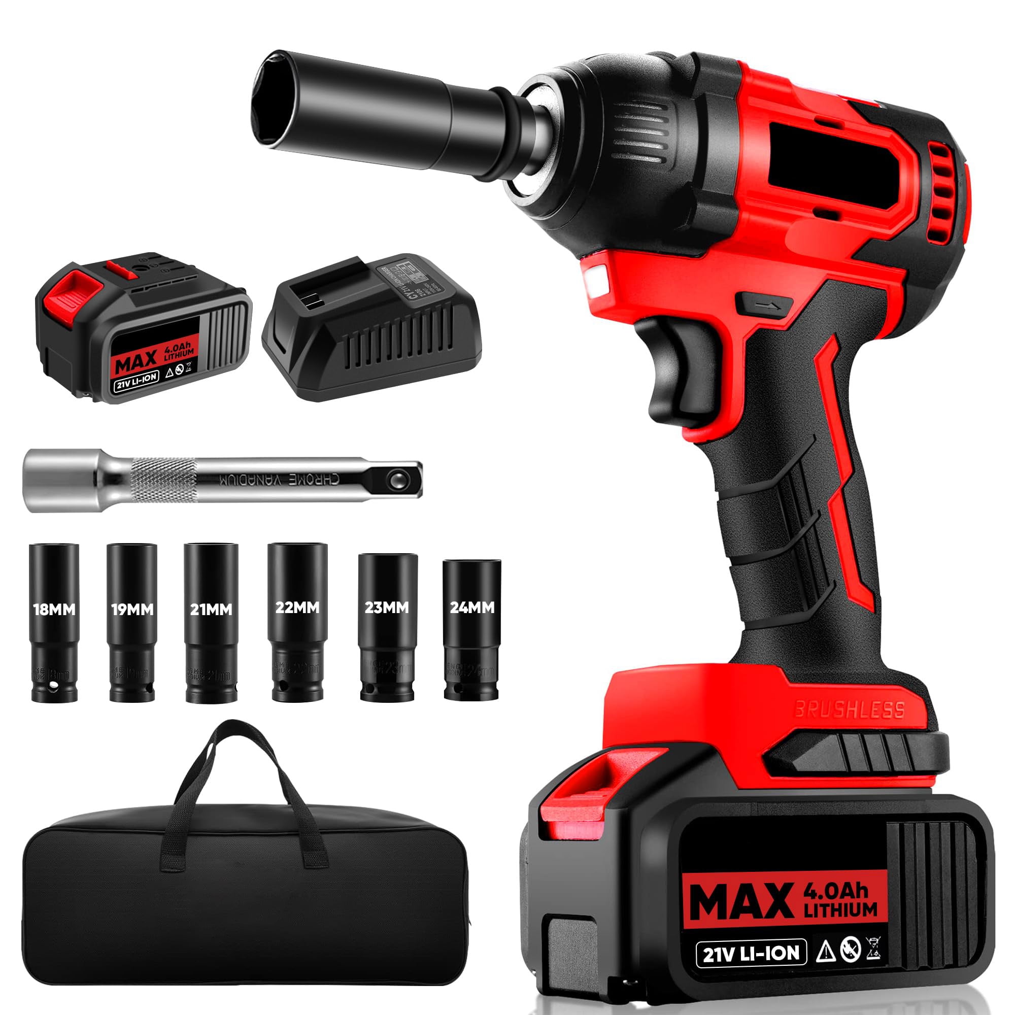 Cordless Impact Wrench, 370 Ft-lbs (500N.m) Impact Gun 1/2 inch, 4.0Ah ...