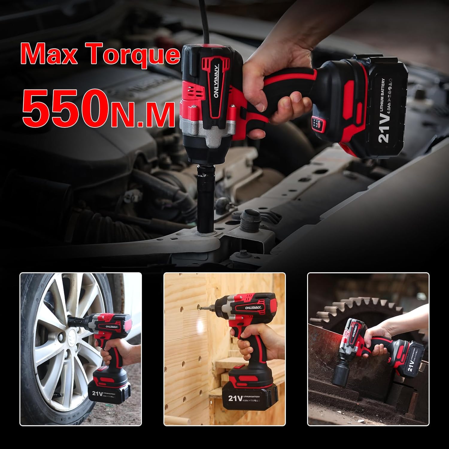 Cordless Impact Wrench - 550N.m(406Ft-lbs)1/2, impact gun, 3300RPM ...
