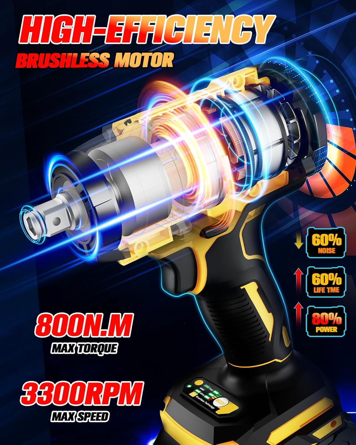 Cordless Impact Wrench - 590Ft-lbs (800N.m) Brushless 1/2 inch, 3300RPM ...