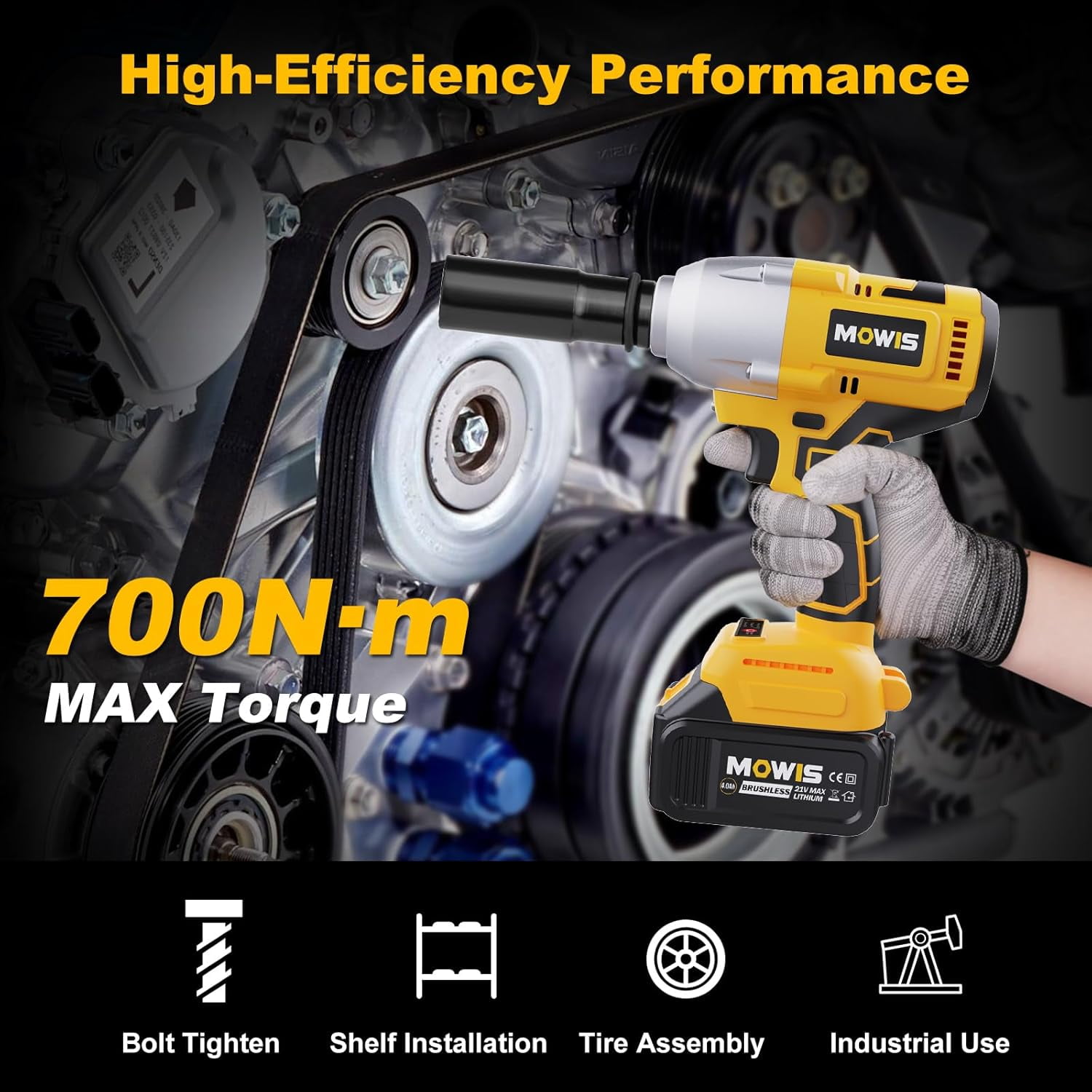 Cordless Impact Wrench 700Nm Brushless 1/2 inch 800RPM 4.0Ah Battery ...