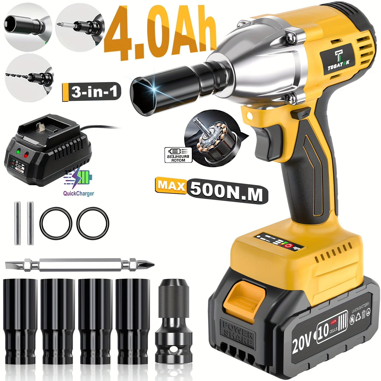 Cordless Impact Wrench, Power Impact Gun 1/2 (430N.m), 2400 RPM ...