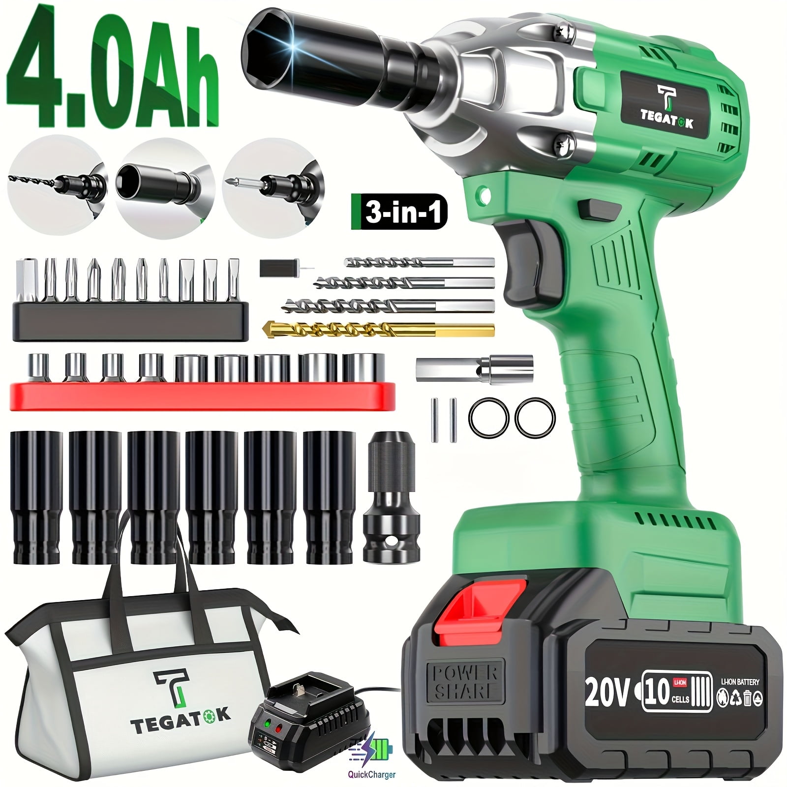 Cordless Impact Wrench, Power Impact Gun, 3-in-1 Electric Impact Wrench ...