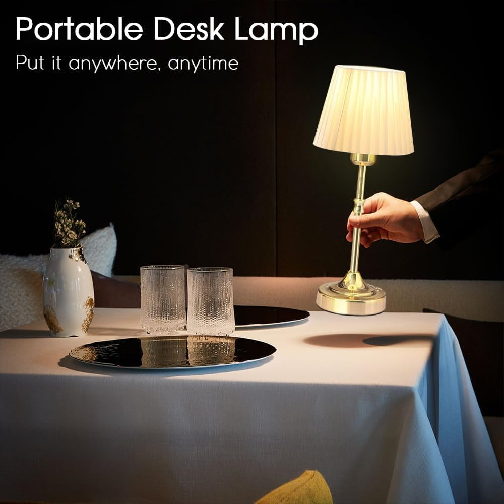 Cordless LED Metal Table Lamp, Portable Fabric Shade Desk Lamp, 3-Level ...