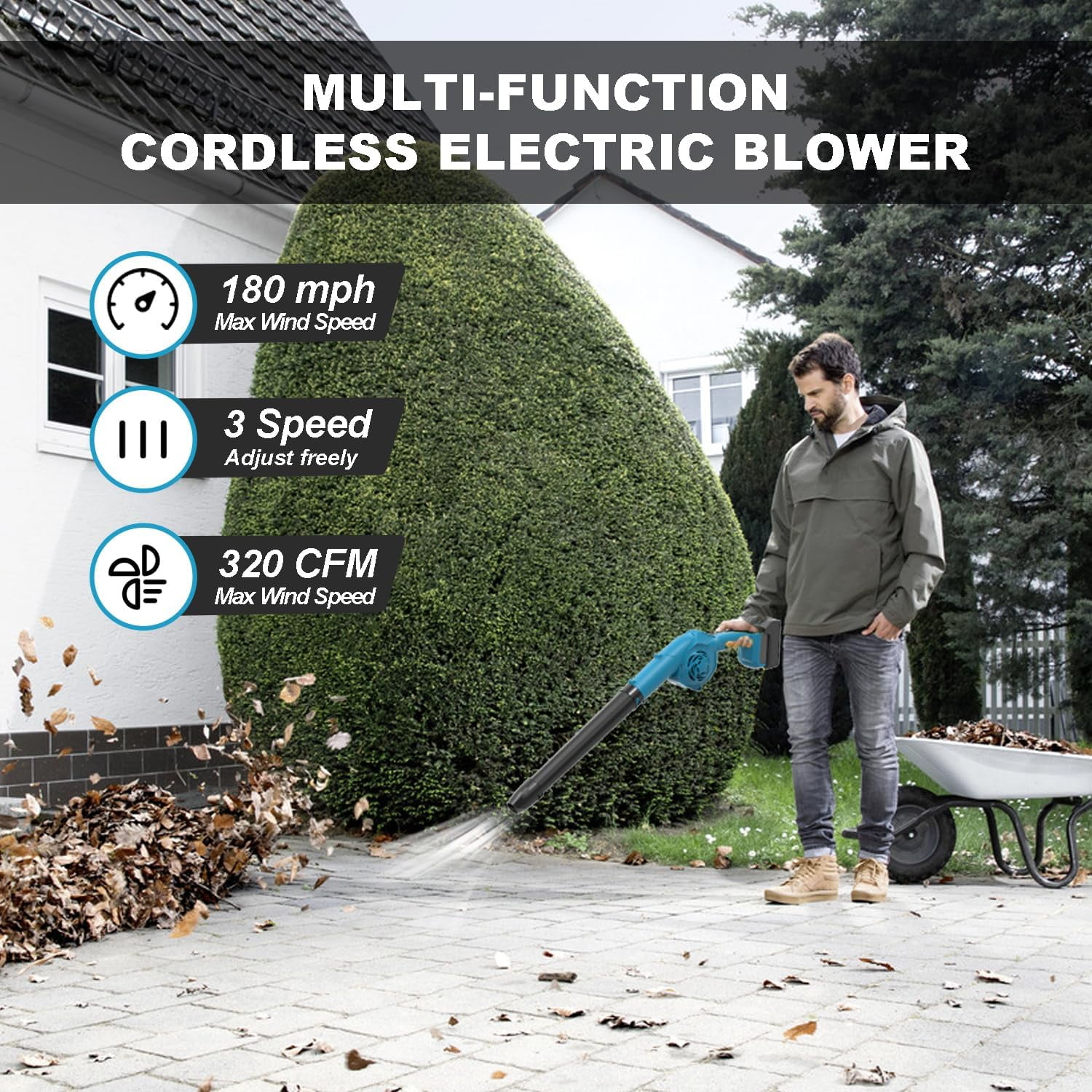 Cordless Leaf Blower, 320 CFM 180 MPH 3 Speed Lightweight mini Electric ...