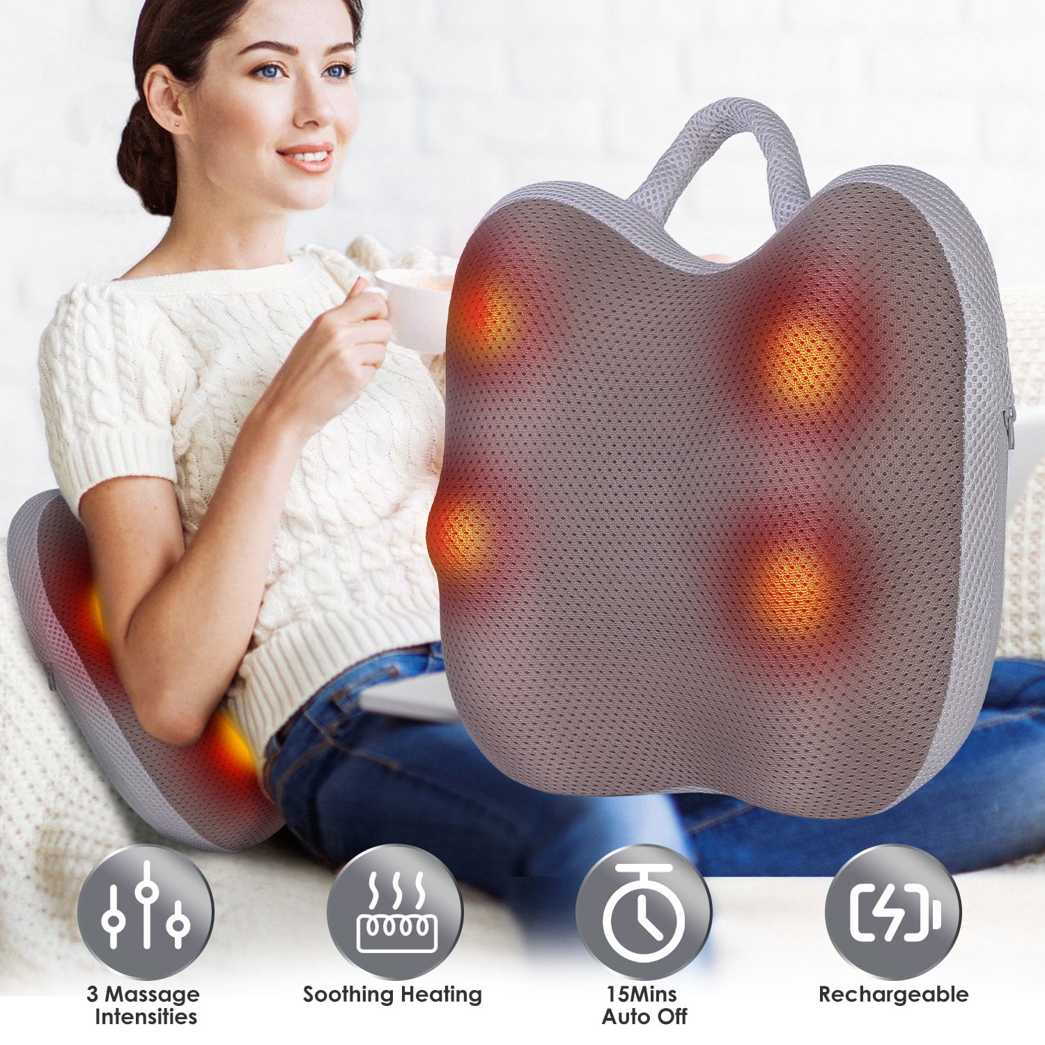 Cordless Lumbar Massager – 4 3D Kneading Nodes with Heat, 3 Intensity ...