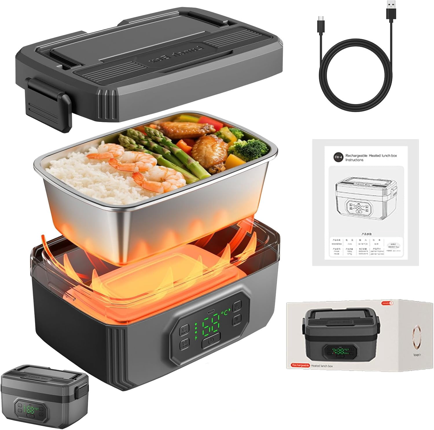 Cordless Lunch Box for with Timer, Self Heating Lunch Box for Men ...