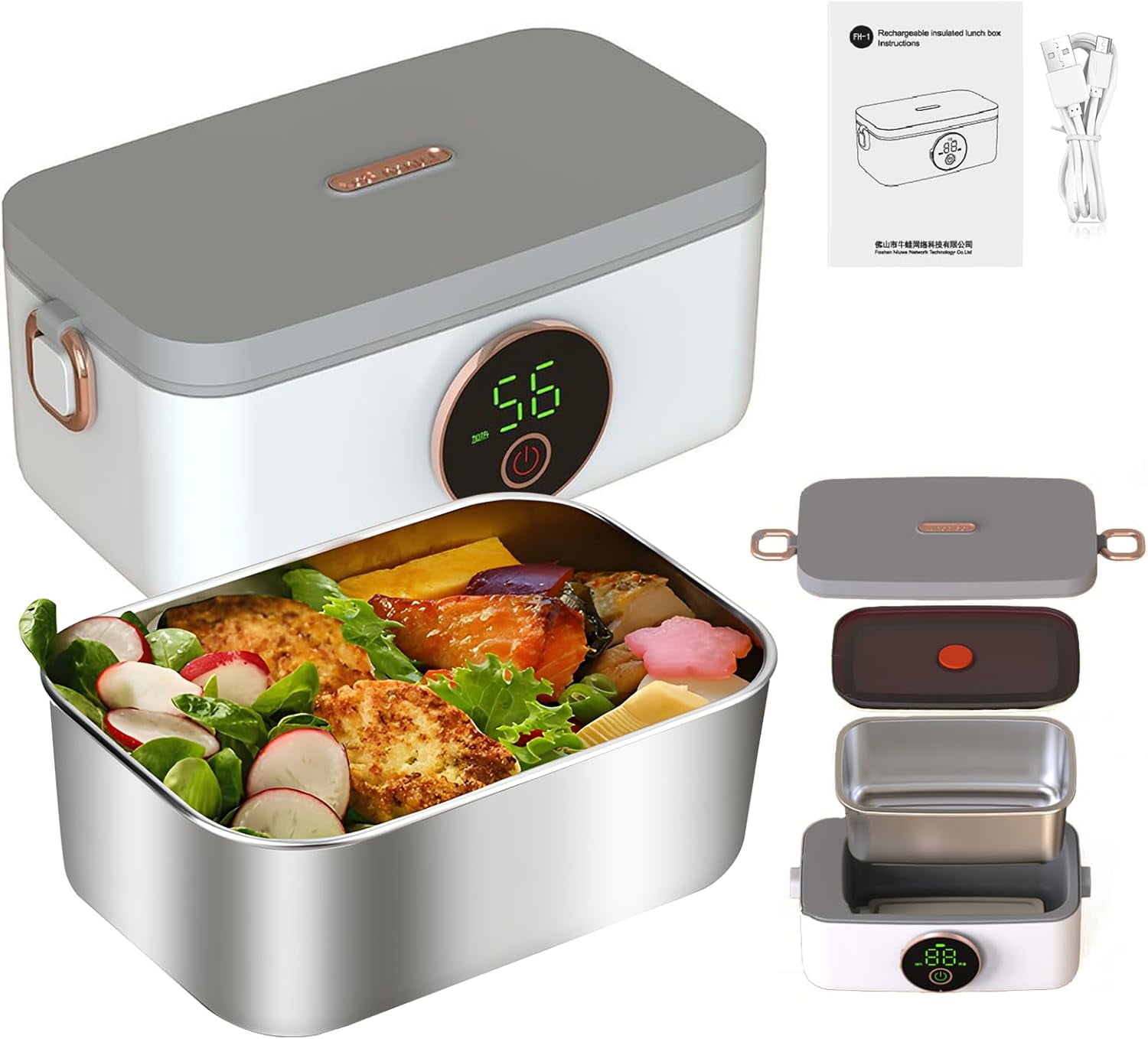 Cordless Lunch Box for Men ,Portable & Self-Heating Warmer,1L SS ...