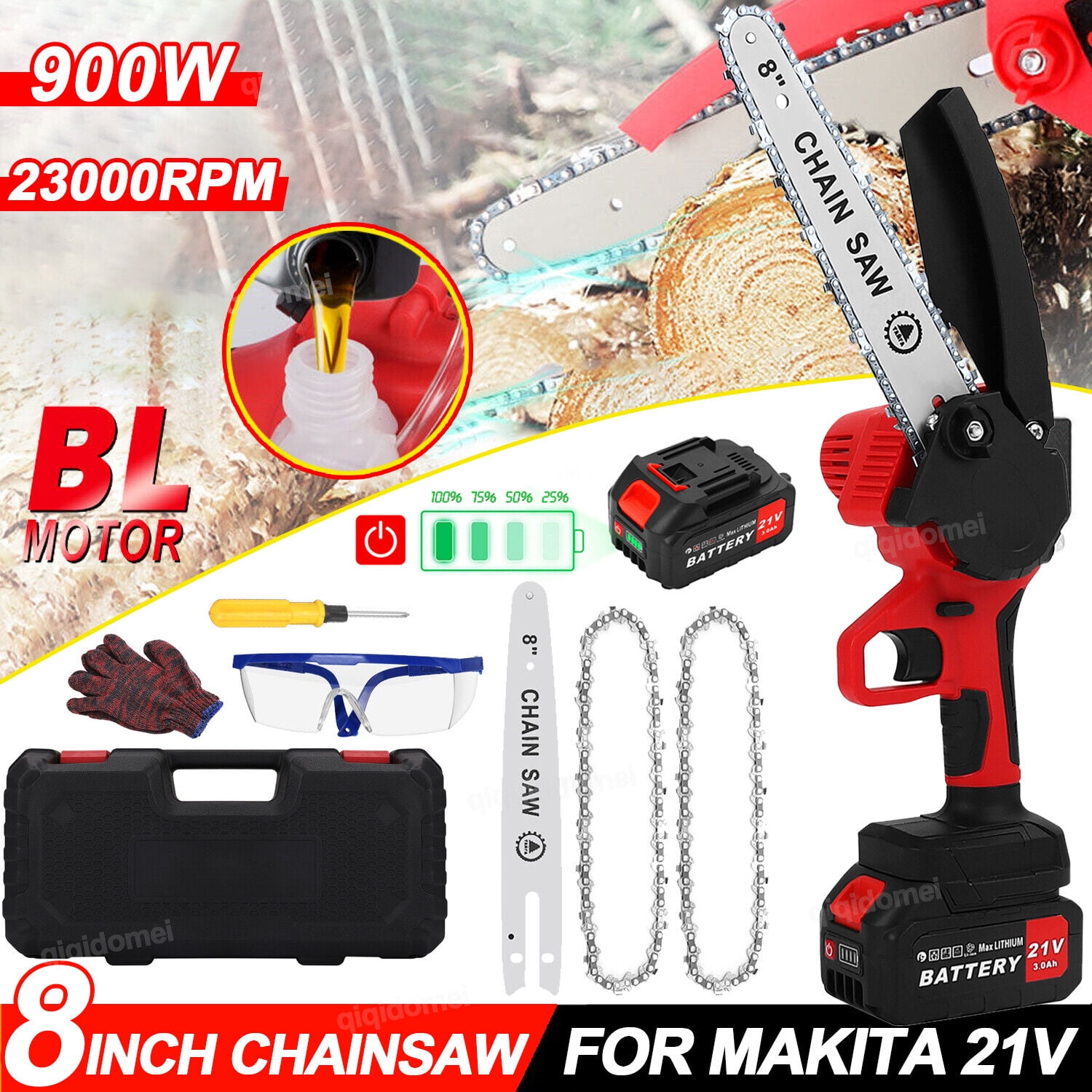 Cordless Mini Chainsaw 8-Inch Electric 21V 3.0Ah Battery Powered Wood ...