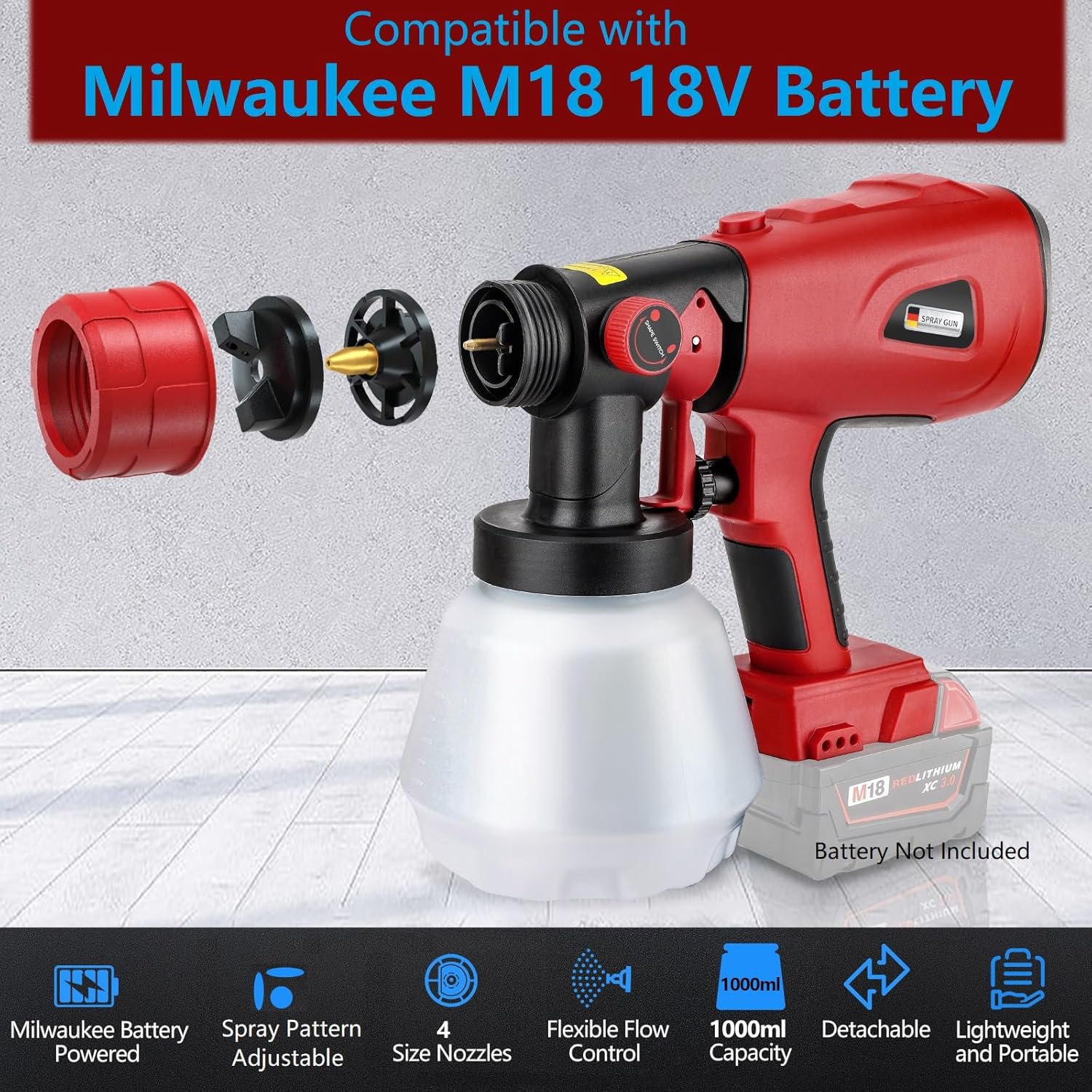 Cordless Paint Sprayer Compatible with M18 18V Battery - 1000ml ...