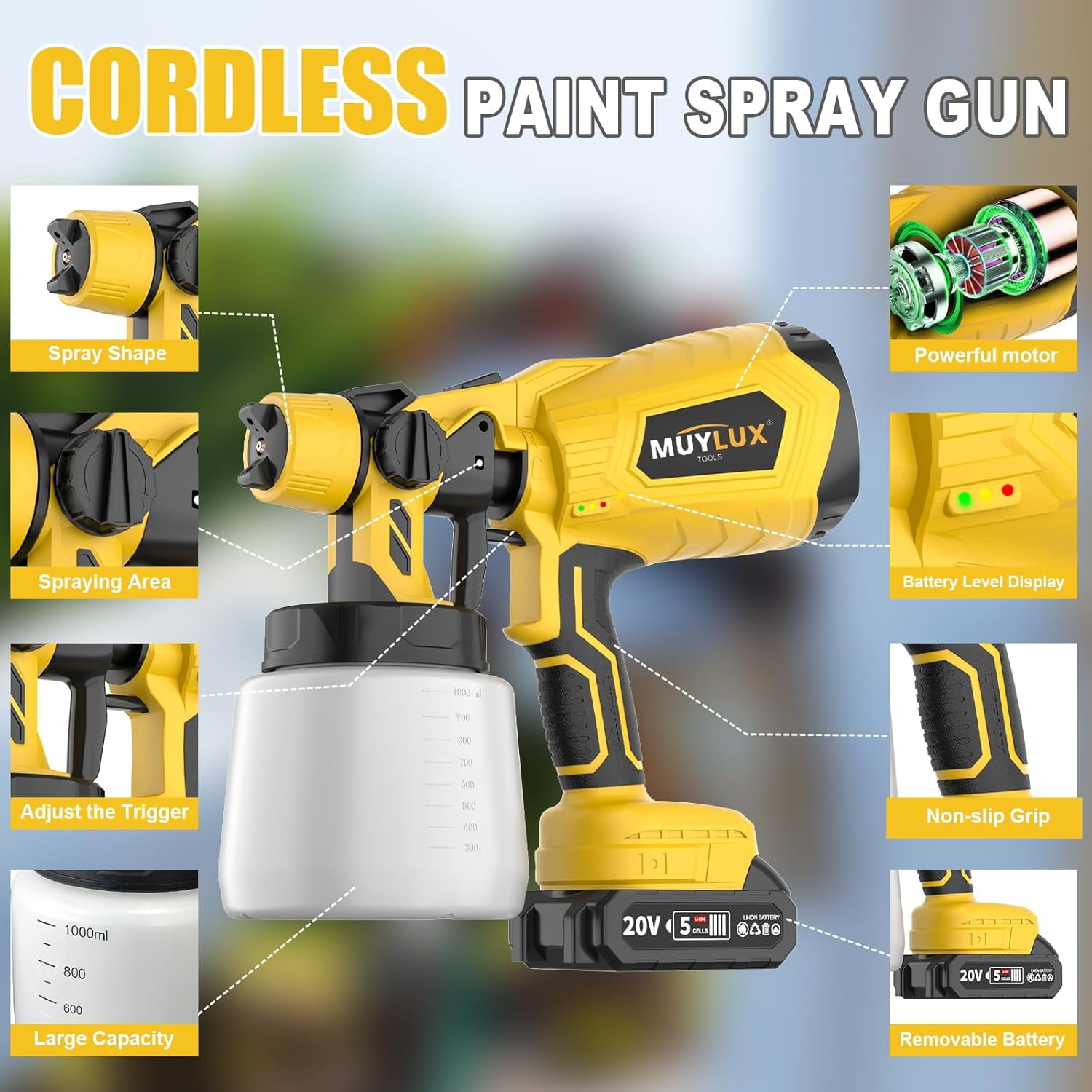 Cordless Paint Sprayer with Battery and Charge, 800W Electric Spray Gun ...