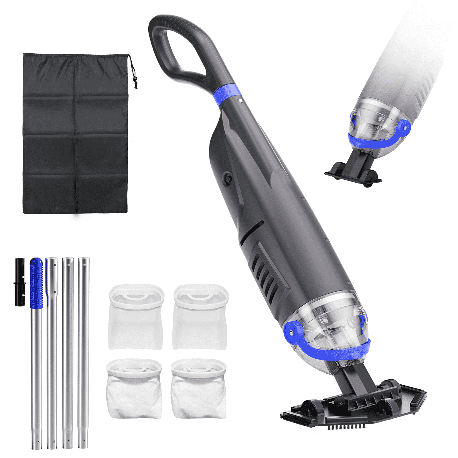 Cordless Pool Vacuum with Extension Pole and 2 Suction Heads ...