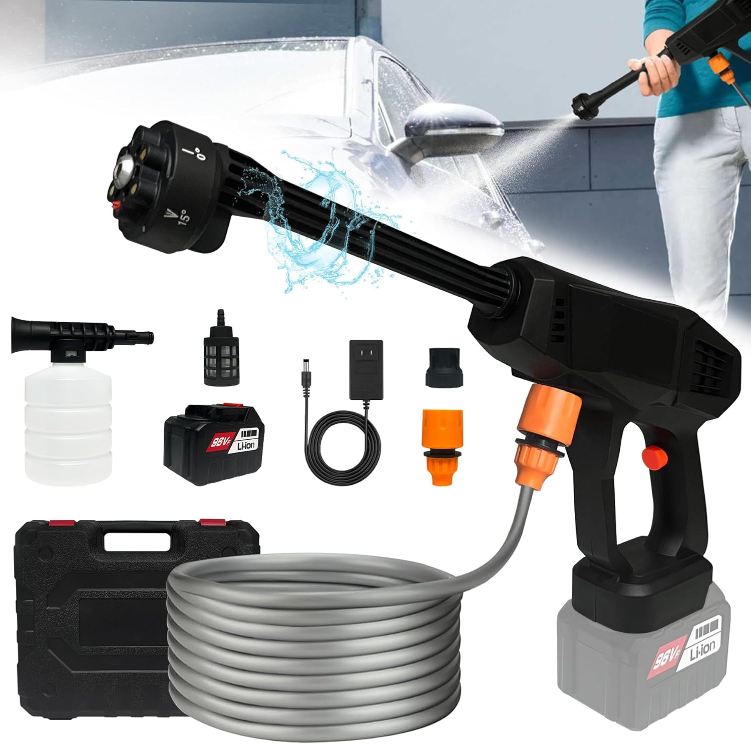 Cordless Portable Pressure Washer, 6 in 1 Nozzle Electric Brushless ...