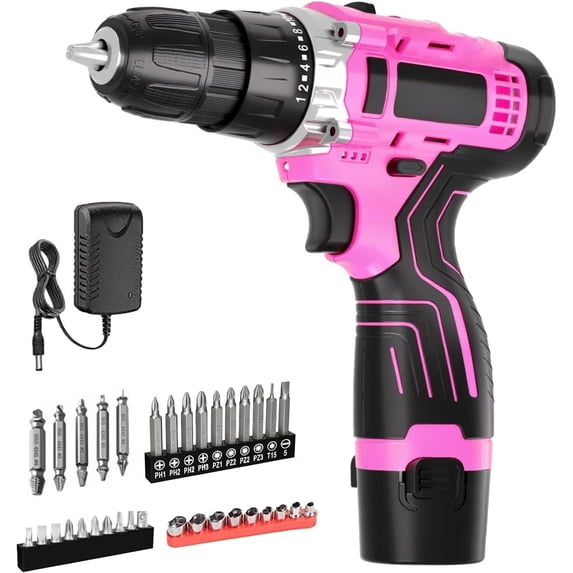 Cordless Power Drill Set: 12V Electric Drill with and Charger, 65 count ...