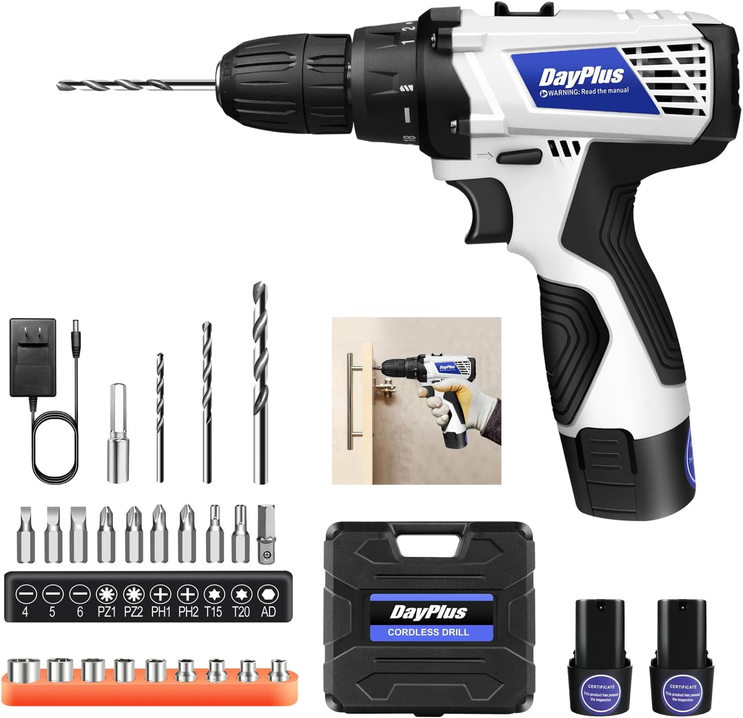 Cordless Power Drill Set Electric Drill Impact Drill Set with 1.3Ah Li ...