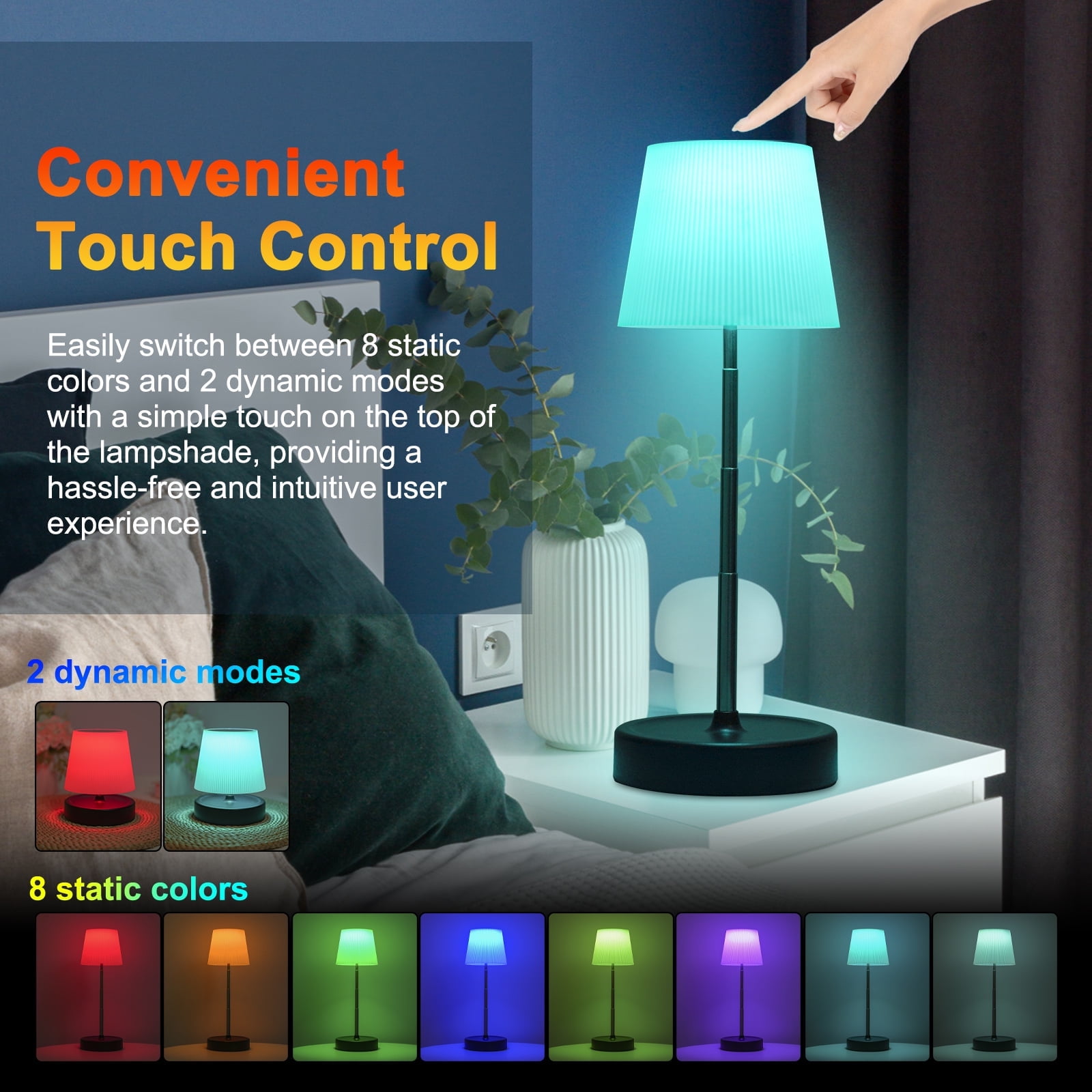 Cordless LED Table Lamp,RGB Stepless Dimming Rechargeable Desk lamp ...