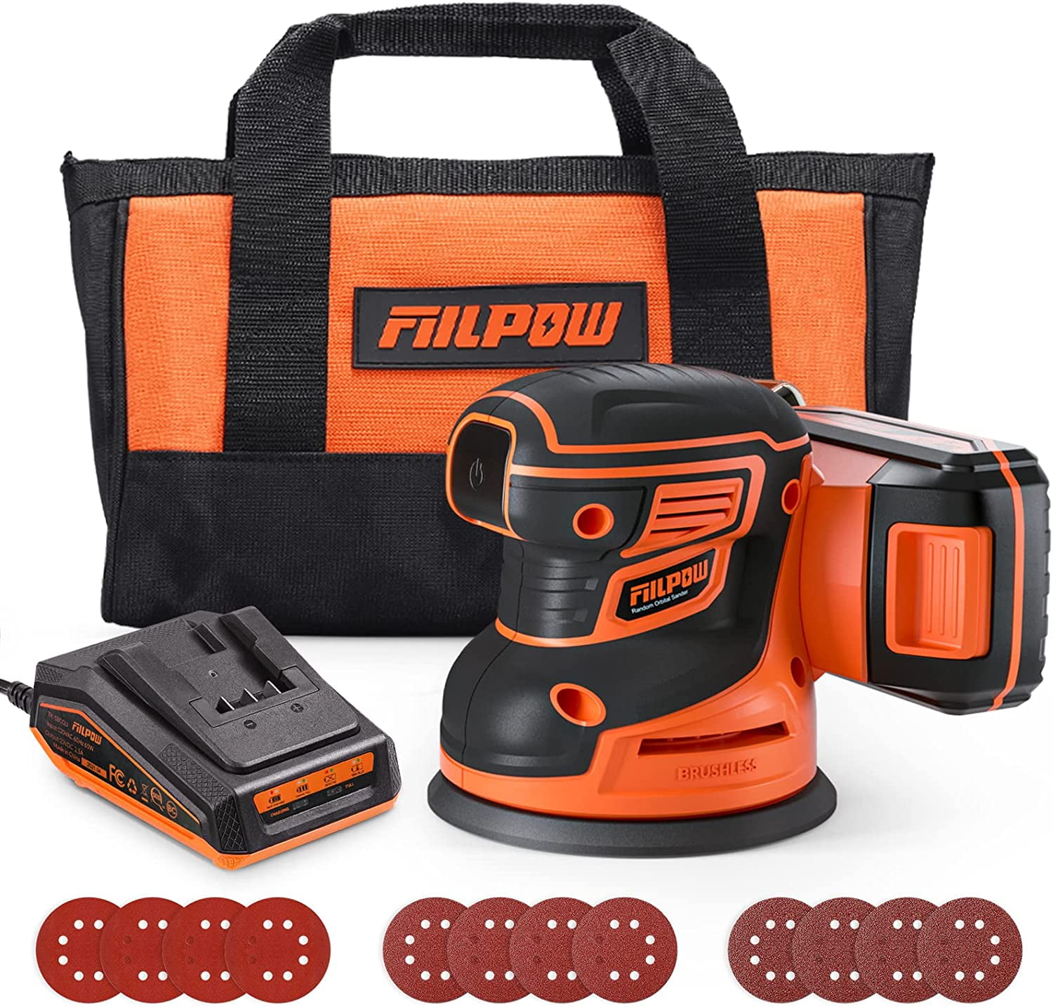 FIILPOW Cordless Random Orbital Sander, 20V Brushless, with Dust ...
