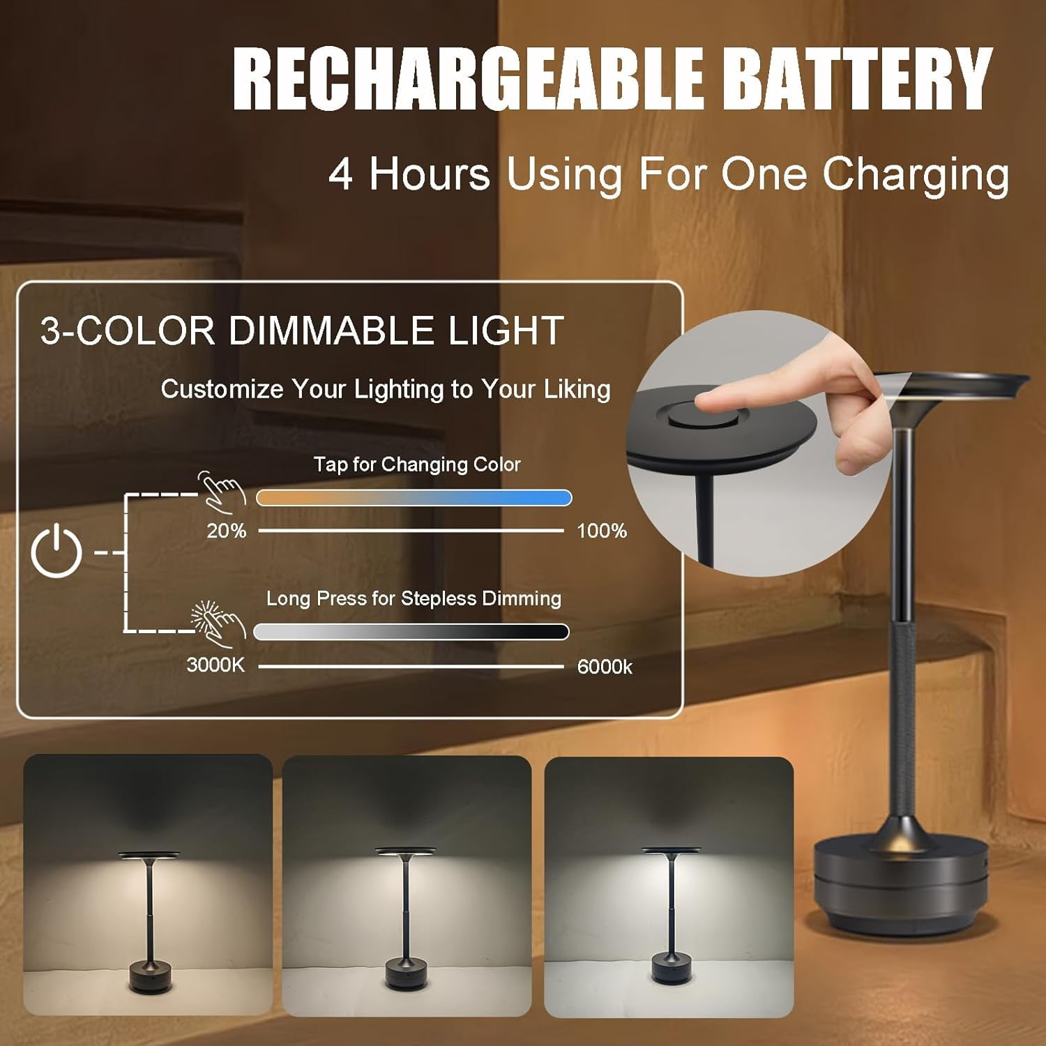 Cordless Rechargeable LED Table Lamp, 11.5 inches Modern Portable Desk ...