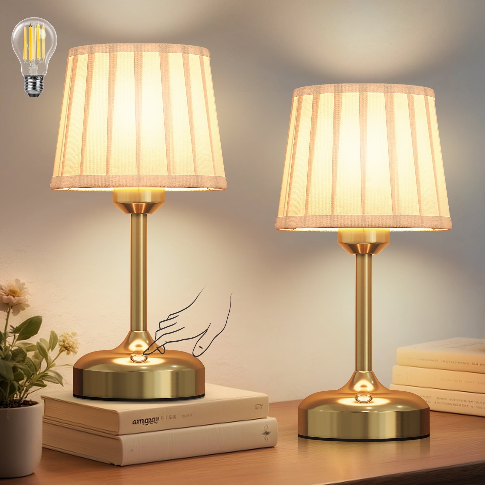 Cordless Rechargeable Table Lamp with Fabric Shade, Battery Operated ...