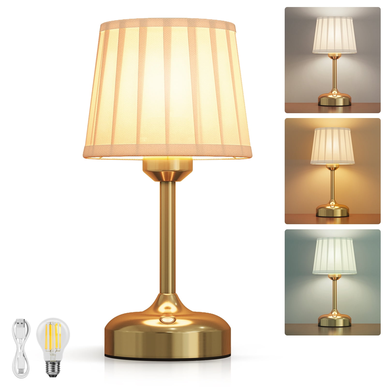 Cordless Rechargeable Table Lamp with Fabric Shade, Battery Operated ...