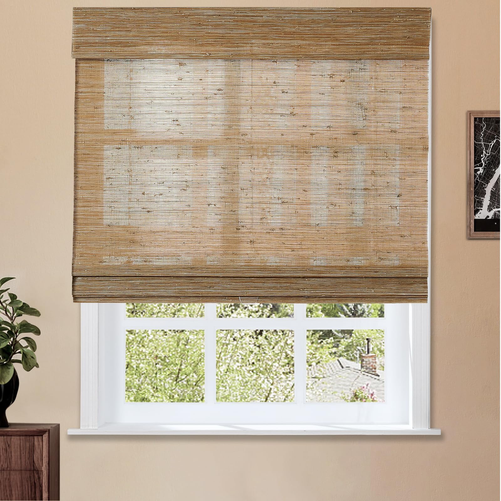 Cordless Roman Shade, Light Filtering Woven Bamboo Blinds for Windows ...