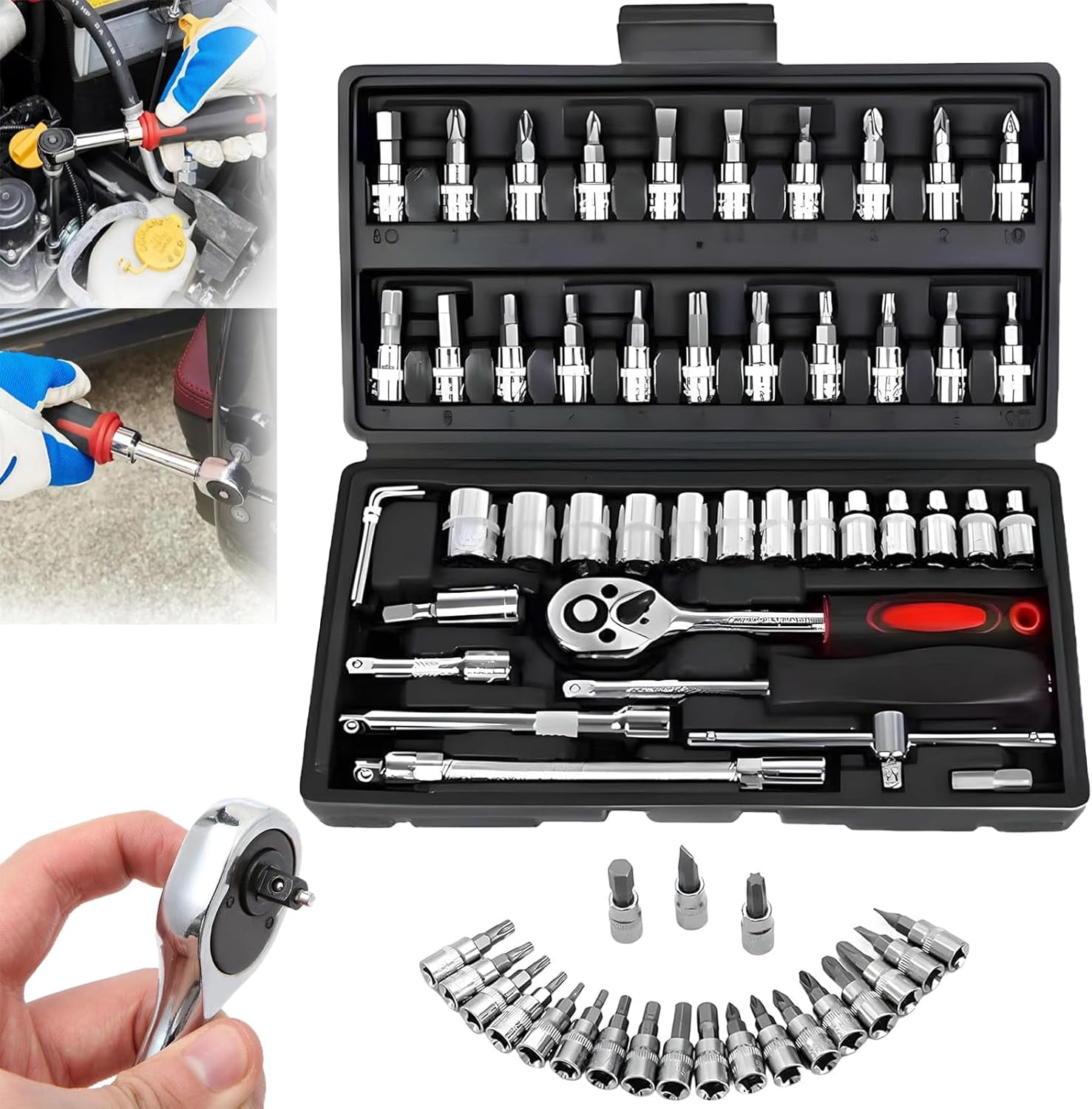 Cordless Slim Ratchet Set, Portable Hand Tool Set, 46 Piece 1/4-Inch ...