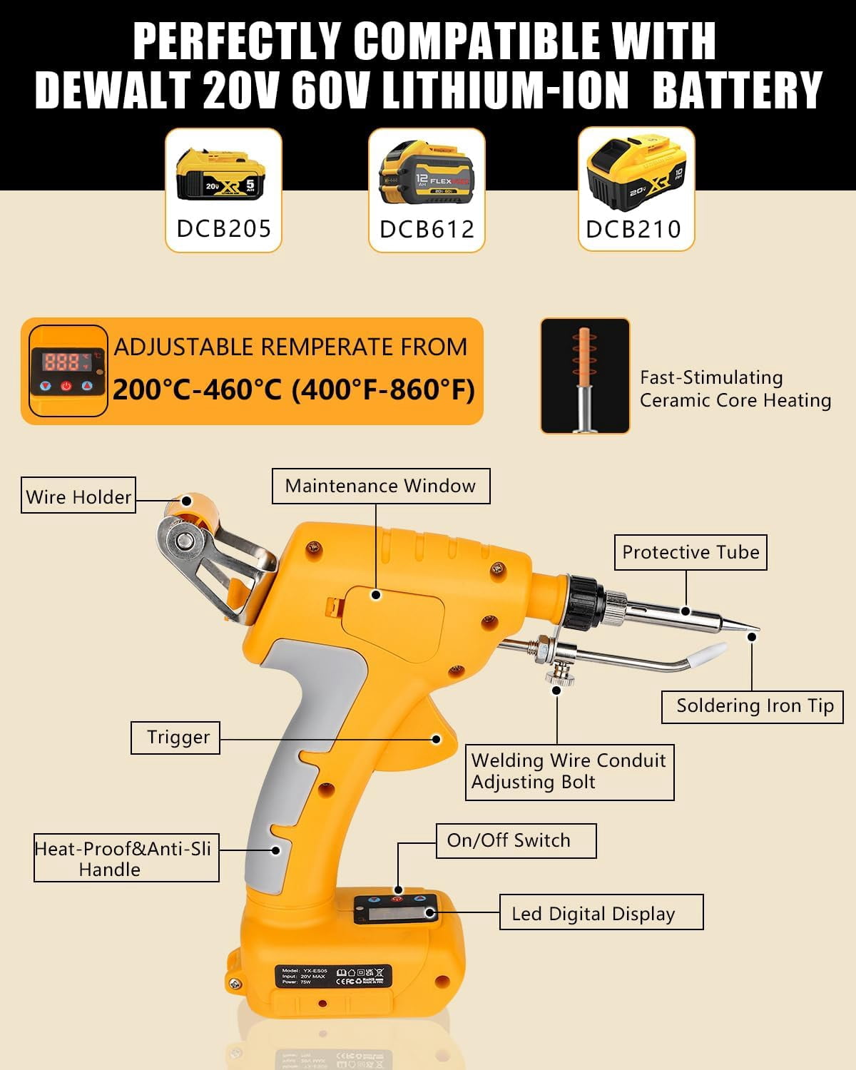 Cordless Soldering Iron Soldering Gun for Dewalt Battery, 75W LED ...