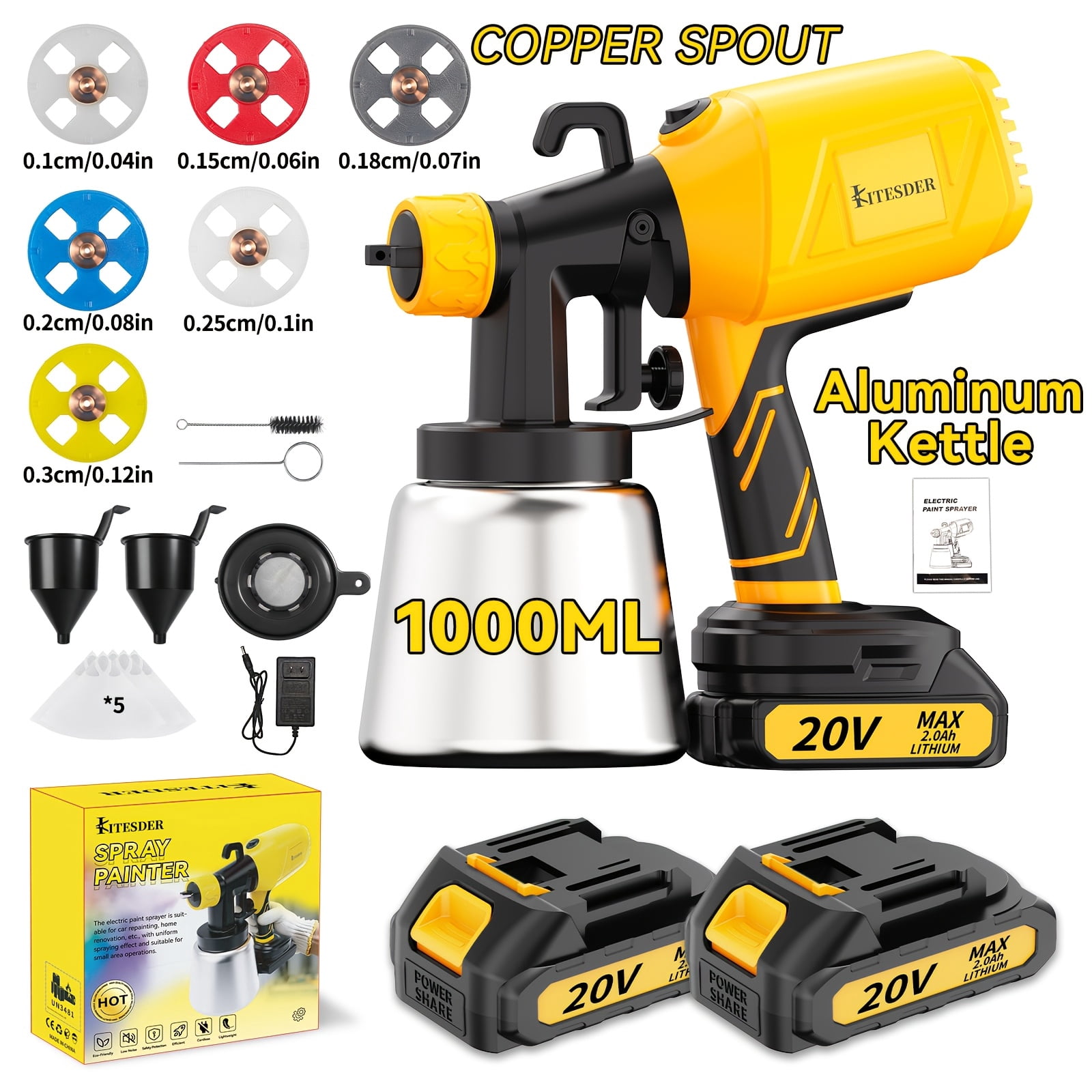 Cordless Spray Gun, 2x 20V Batteries, 33.81oz Container, Flow Control ...