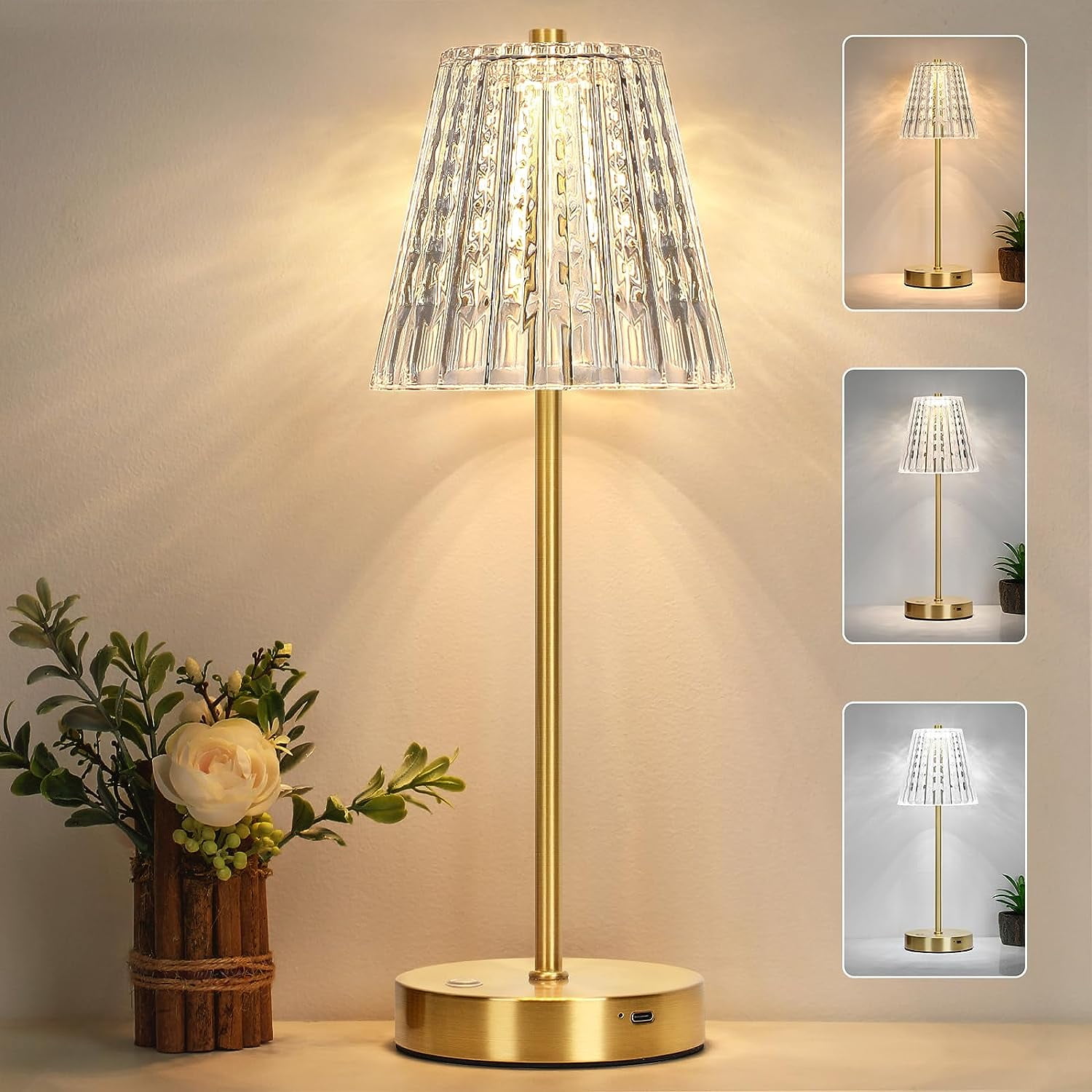 Cordless Table Lamp, 3 Color Stepless Dimmable Touch Crystal Bedside ...