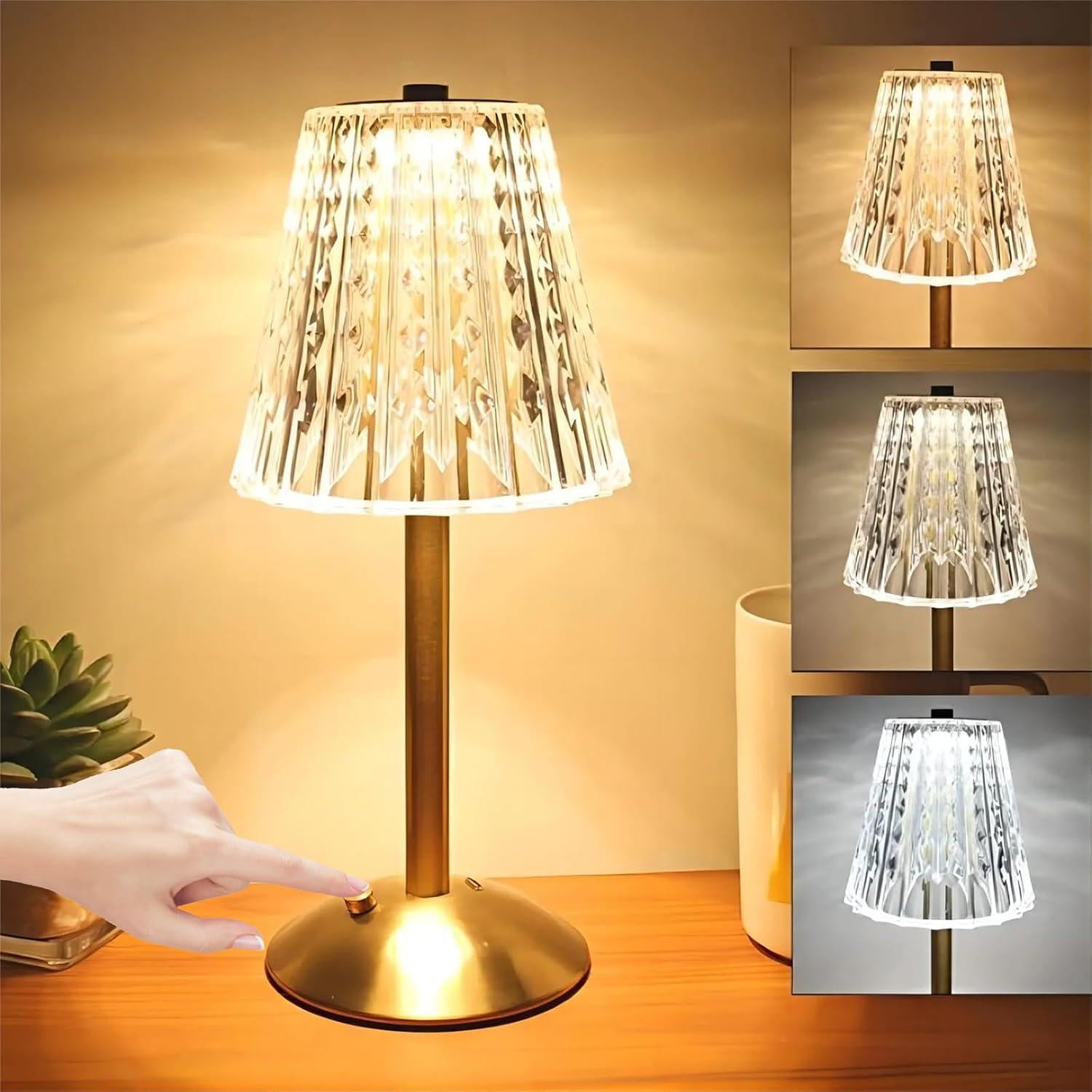 Cordless Table Lamp, 3 Colors Dimmable Crystal Lamp, Rechargeable ...