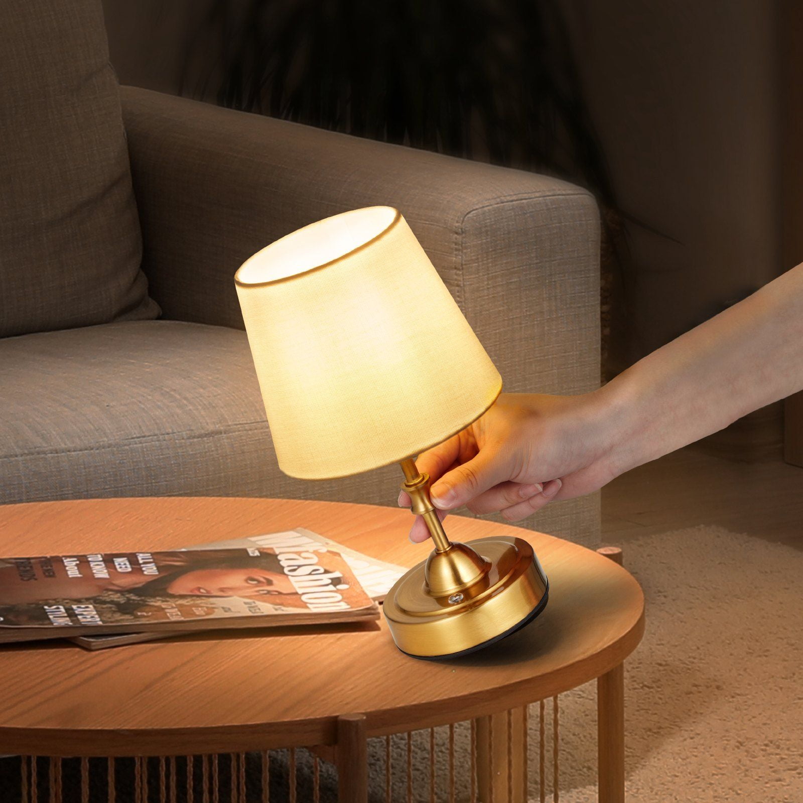 Rechargeable Cordless Table Lamp - Gold Fabric Shade, Portable Small ...