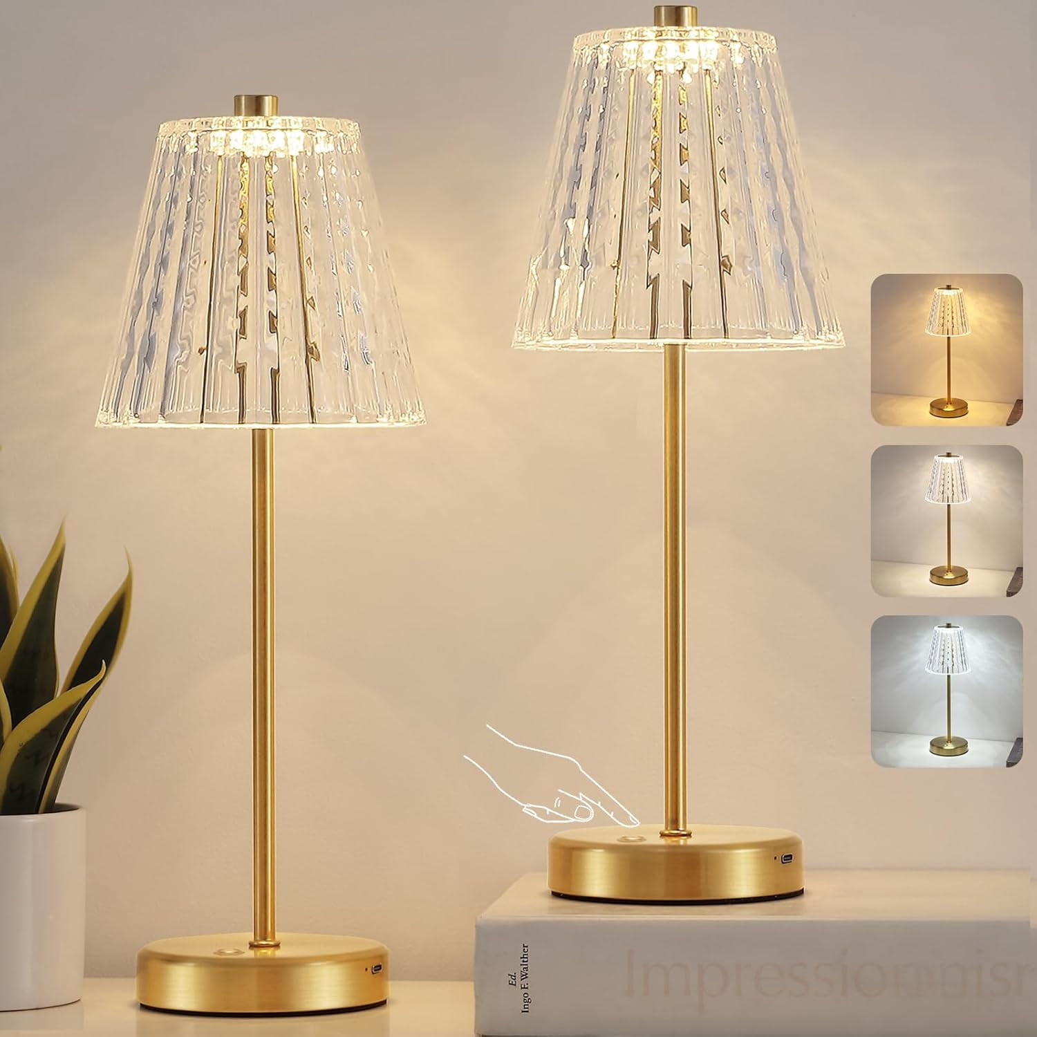 Cordless Table Lamps Set of 2, 6000mAh Battery Operated LED Gold Small ...