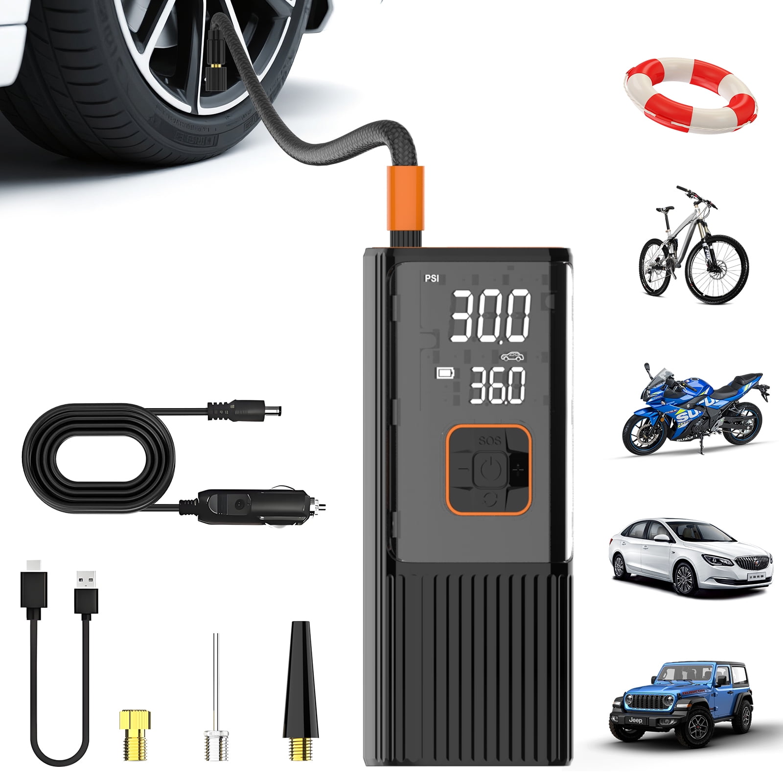 HereLux Portable Tire Inflator with Dual Display, 6000mAh Battery, Auto ...