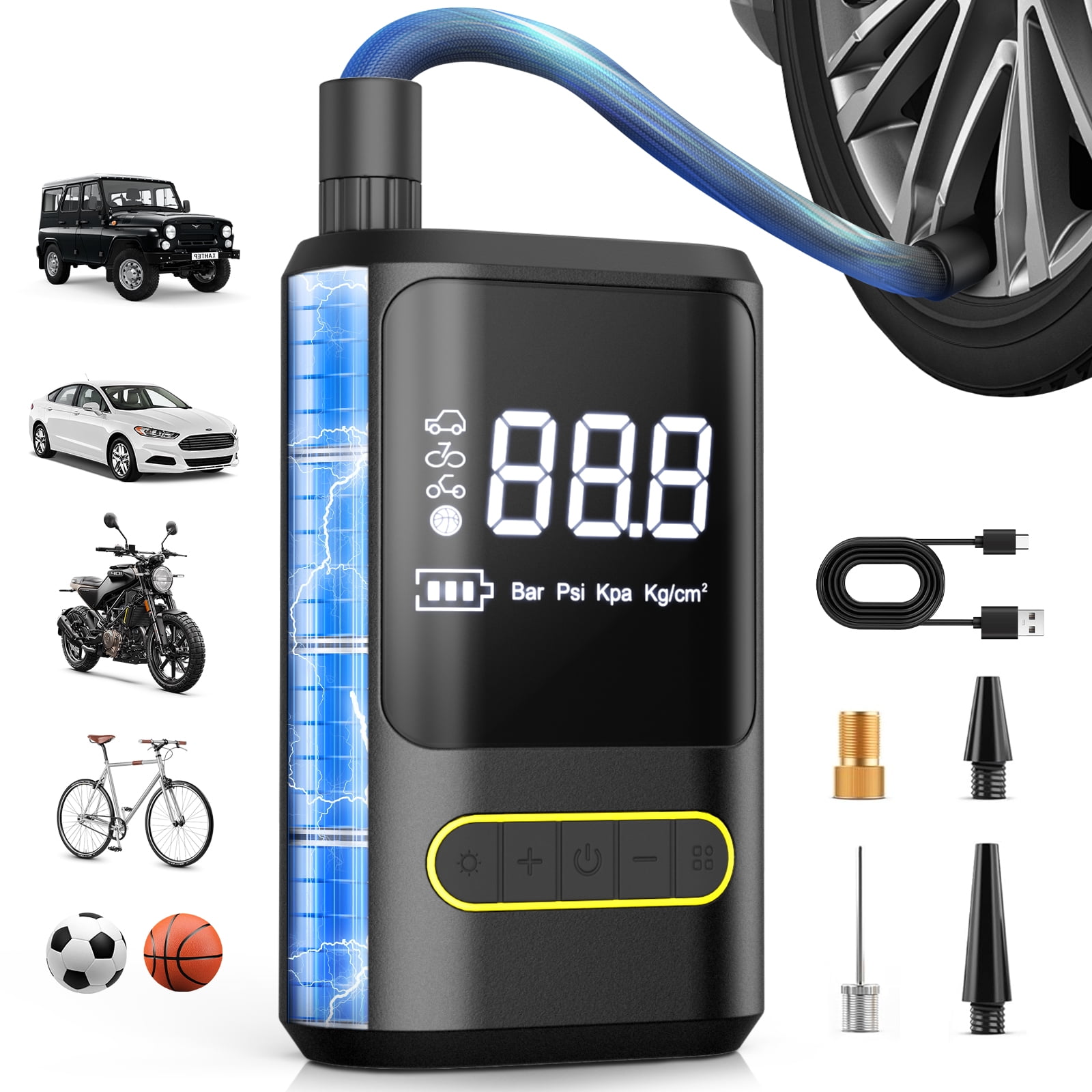 Tire Inflator Portable Air Compressor, 150 PSI & 4000mAh Cordless Bike ...