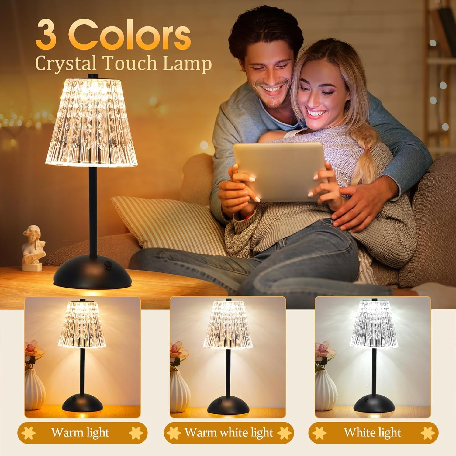 Cordless Touch Table Lamp, 3500mAh LED Rechargeable Small Dask Lamp, 3 Colors Dimmable Battery ...